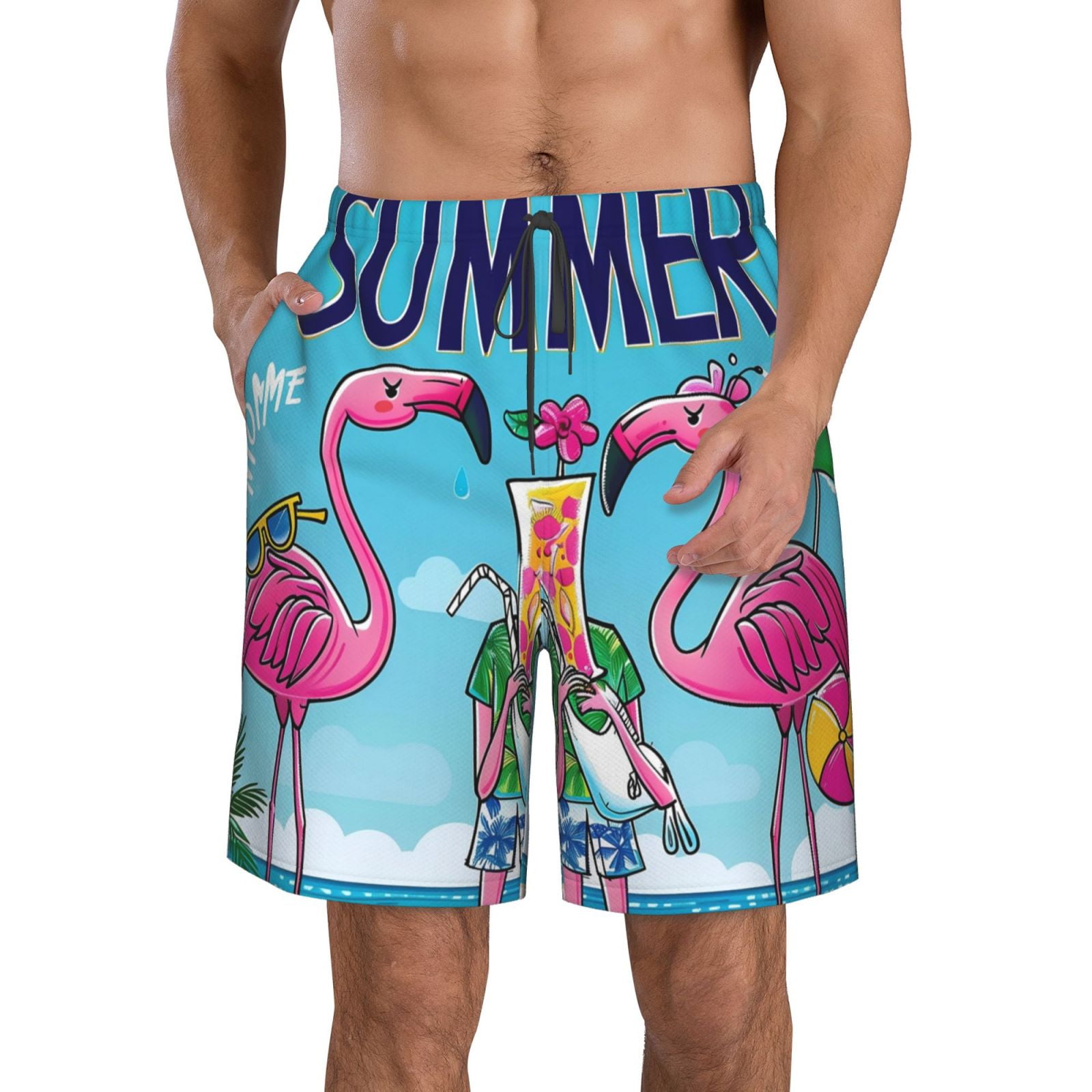 Cauagu Beach Flamingo Trio Print Men's Swim Trunks,Hawaiian Bathing ...