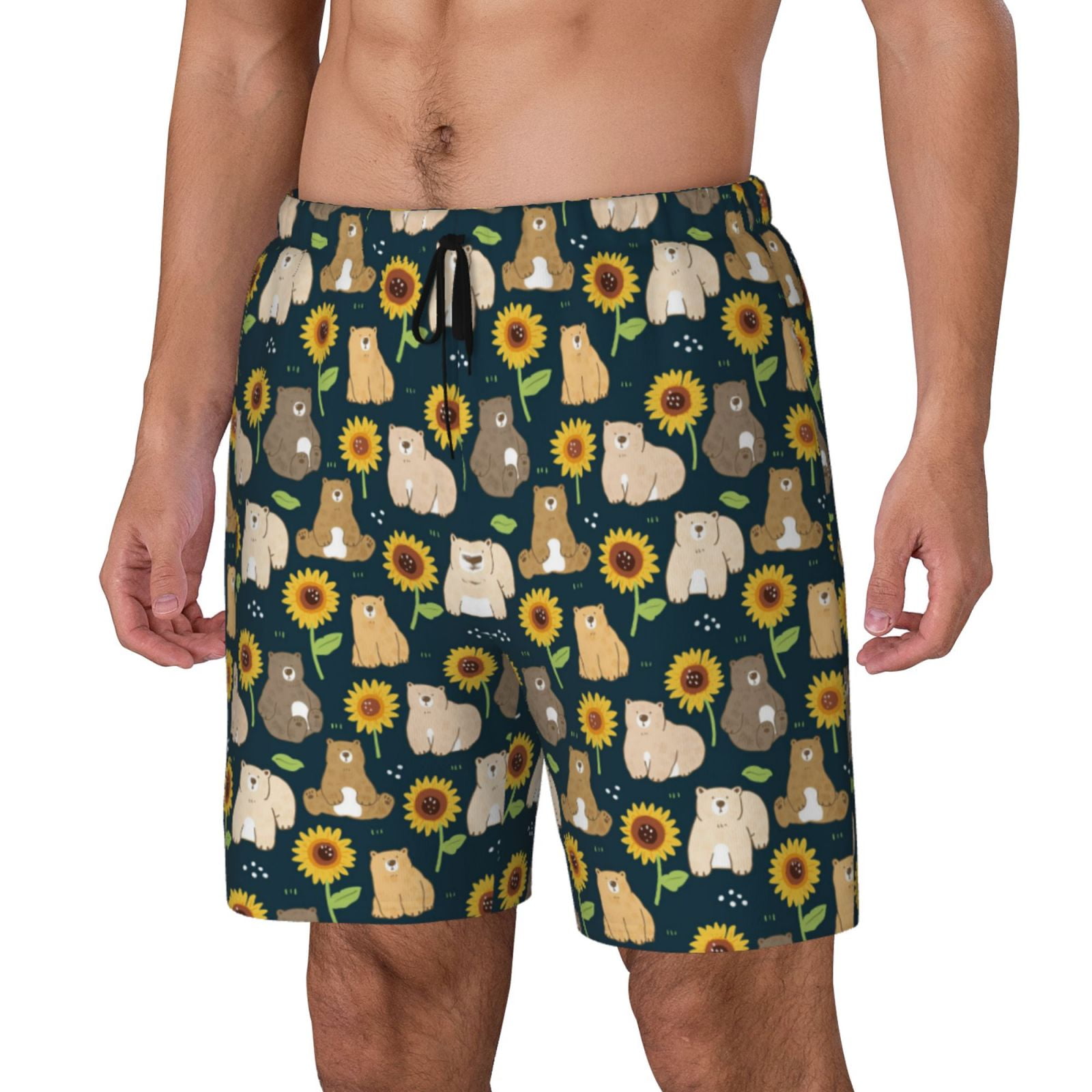 Cauagu Bear Sunflower Print Mens Swim Trunks Quick Dry Board Shorts ...