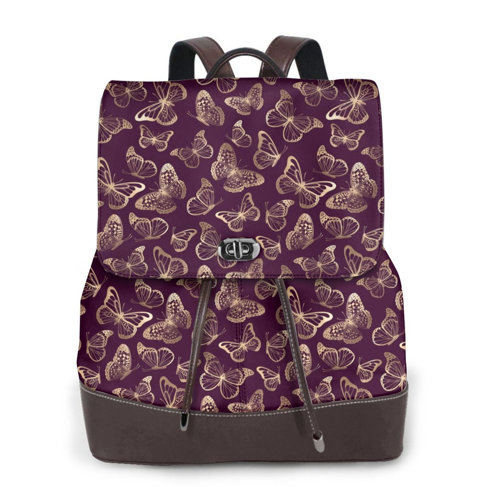 Cauagu Beautiful Purple Butterflies Print Women's PU Leather Backpack ...