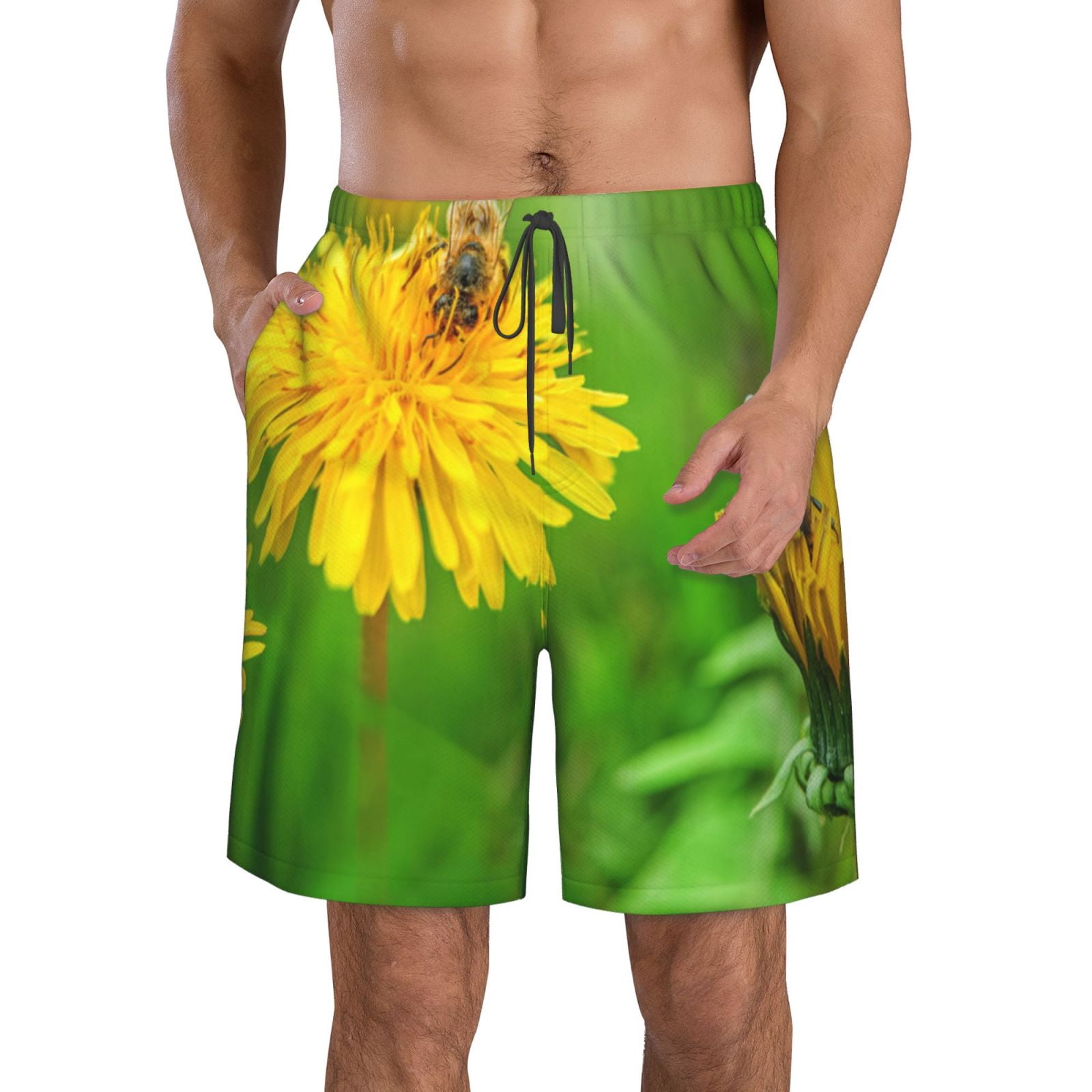 Cauagu Bees Pollinates A Yellow Dandelion Print Men's Swim Trunks ...