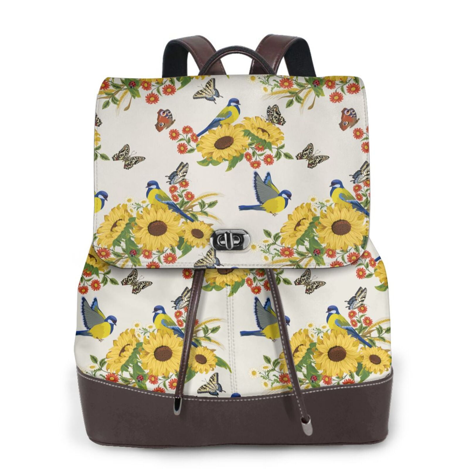 Cauagu Bird Sunflowers Print Women's PU Leather Backpack,Fashion ...