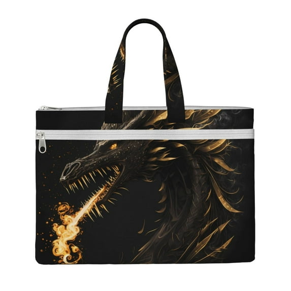 Cauagu Black And Gold Fire Dragon Pattern Canvas Tote File Bag, Zipper ...