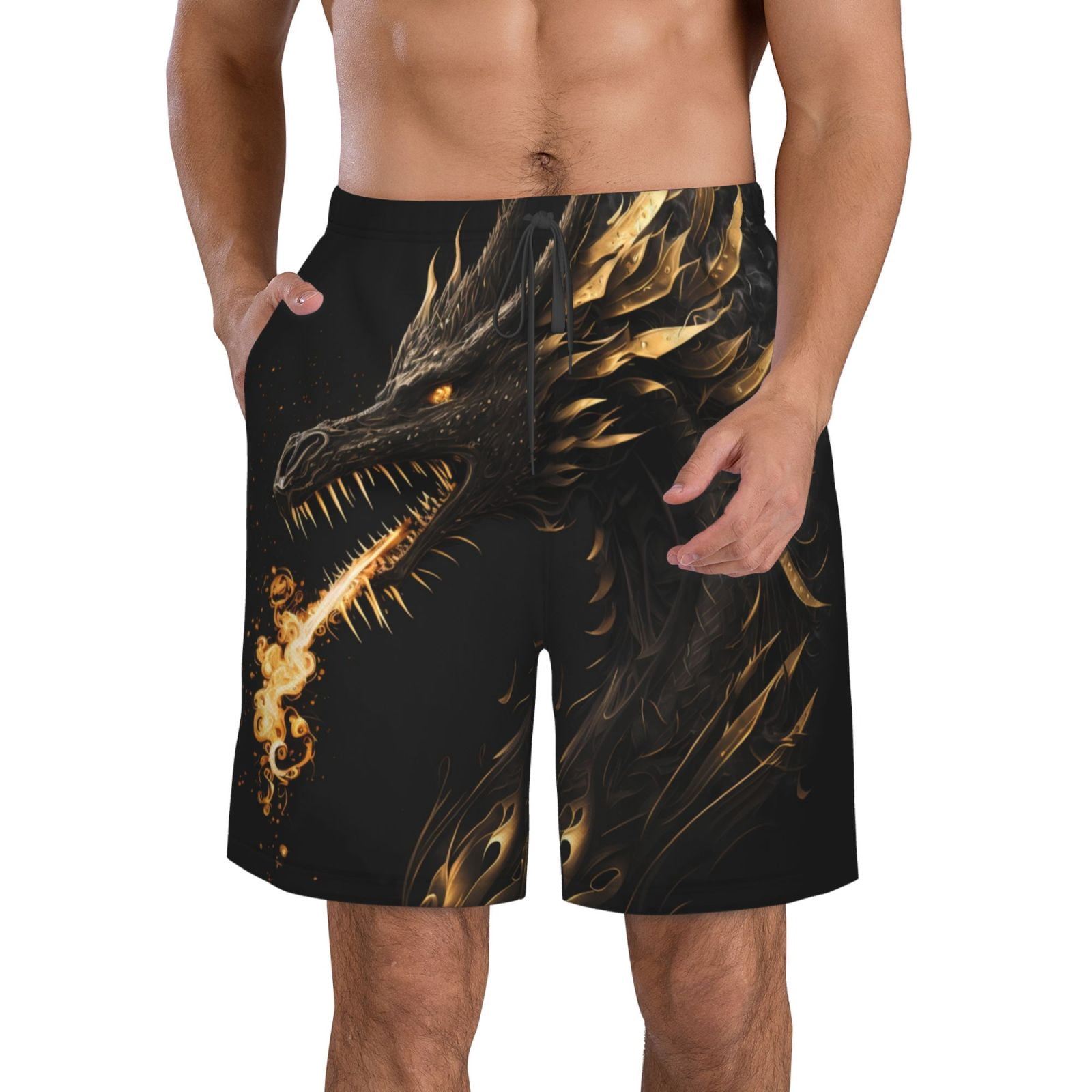 Cauagu Black And Gold Fire Dragon Print Men's Swim Trunks,Hawaiian ...