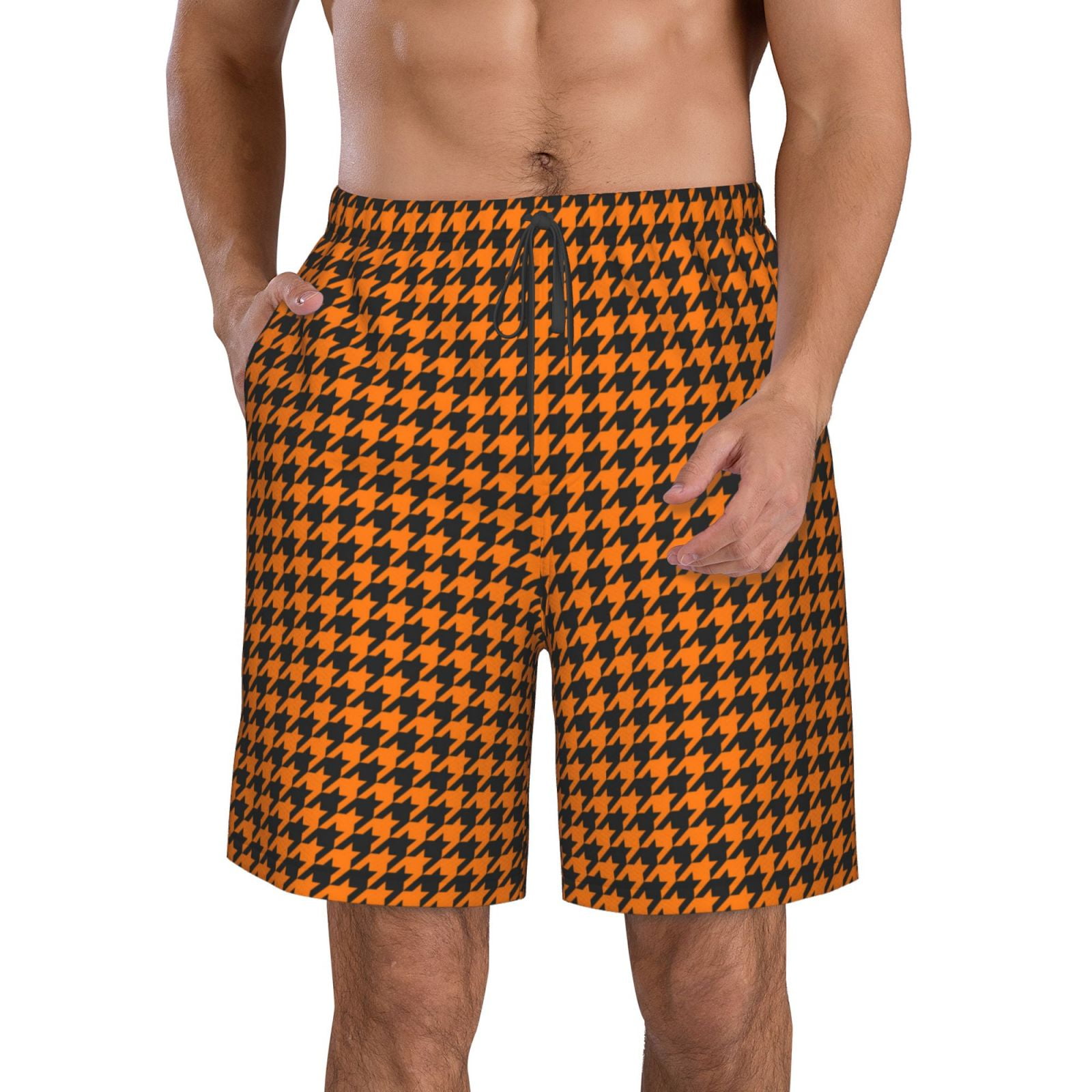 Cauagu Black And Orange Houndstooth Print Men's Swim Trunks,Hawaiian ...