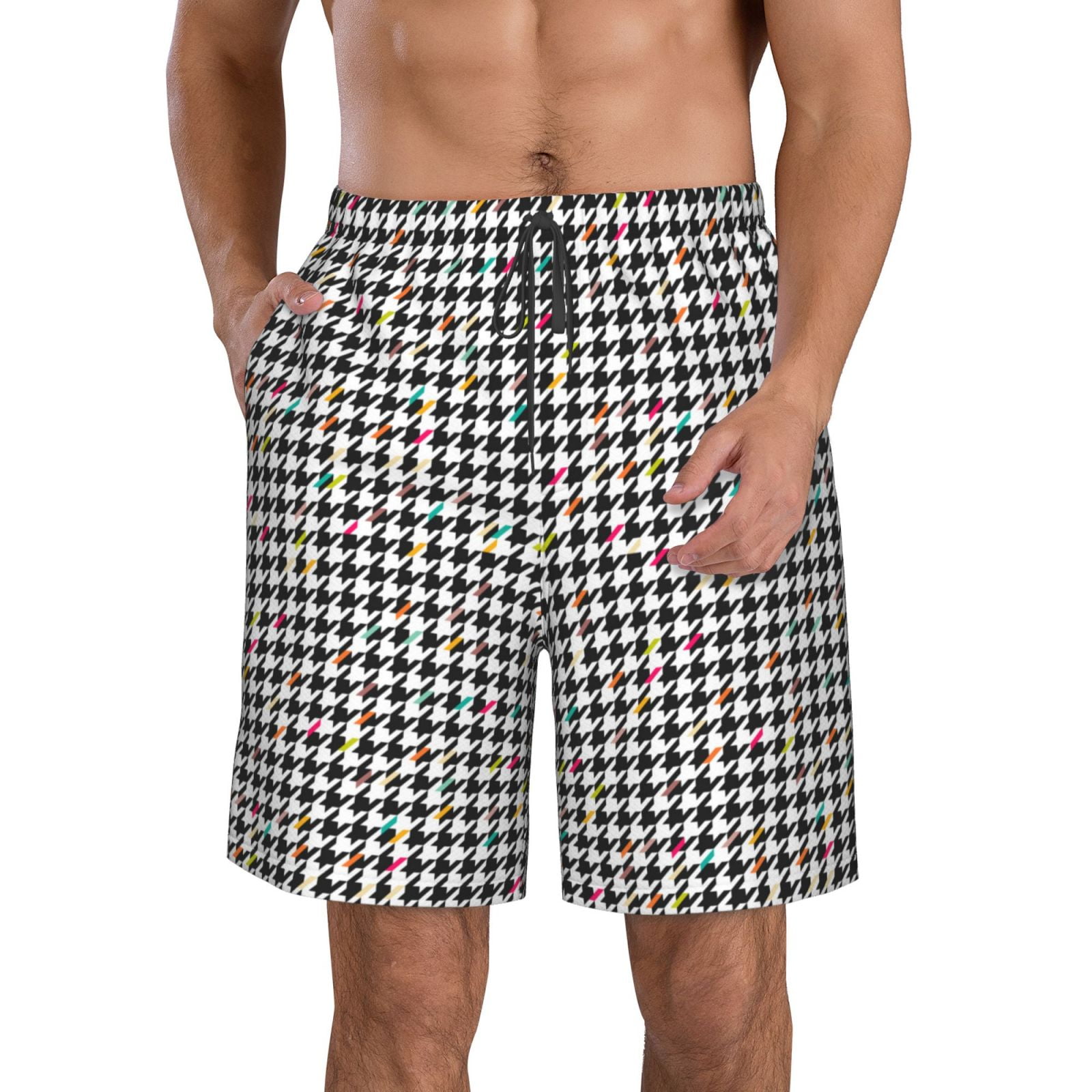 Cauagu Black And White Houndstooth Print Men's Swim Trunks,Hawaiian ...