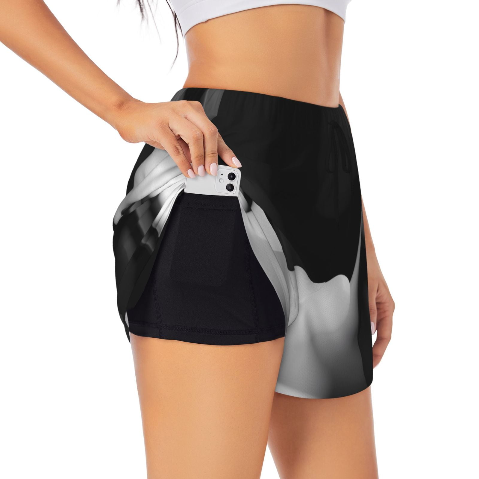 Cauagu Black White Fluid Sculpture Print Women's 2 in 1 Running Shorts Athletic Workout Gym Yoga ...
