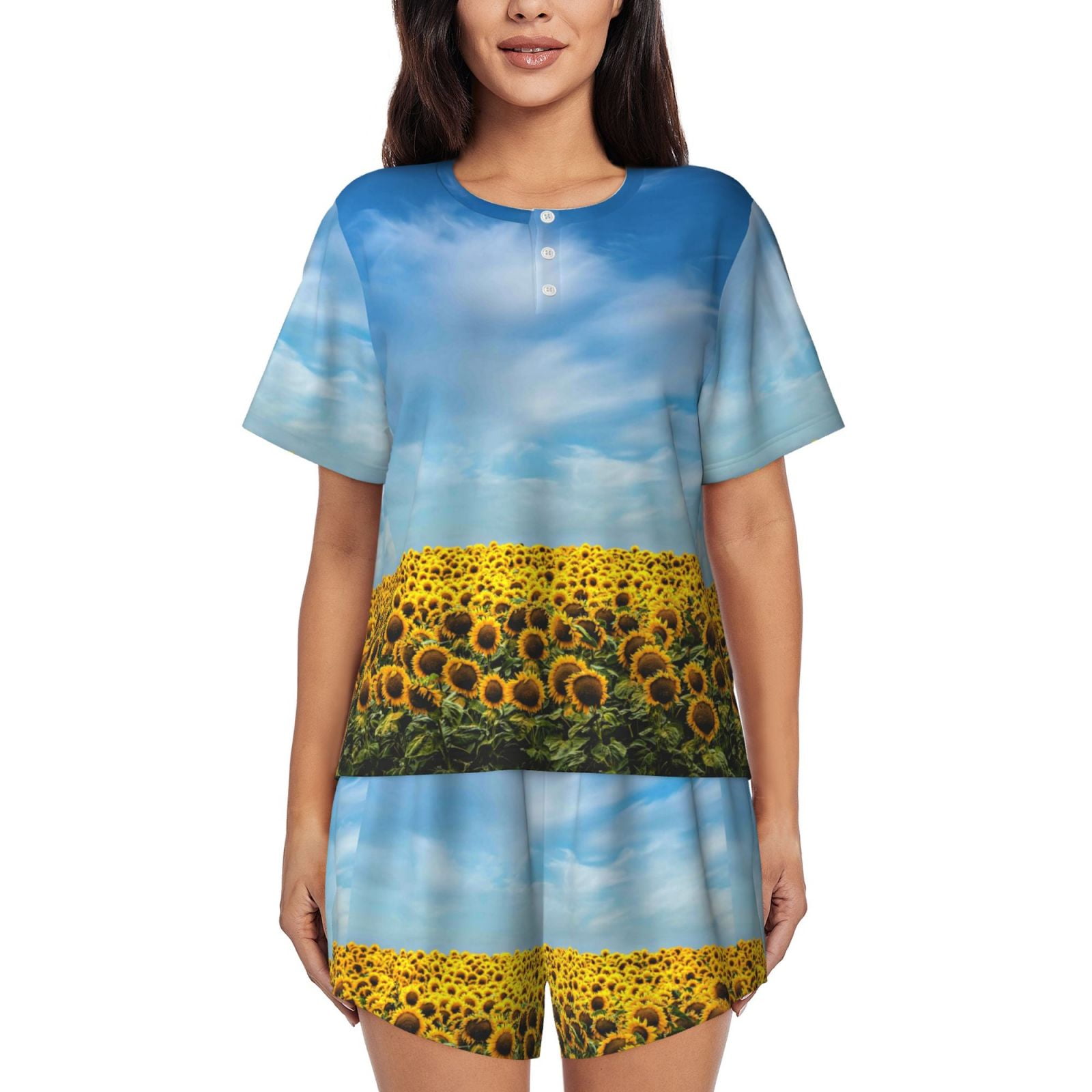 Cauagu Blooming Sunflower Field for Women's Round Neck Pajama Set,Short ...
