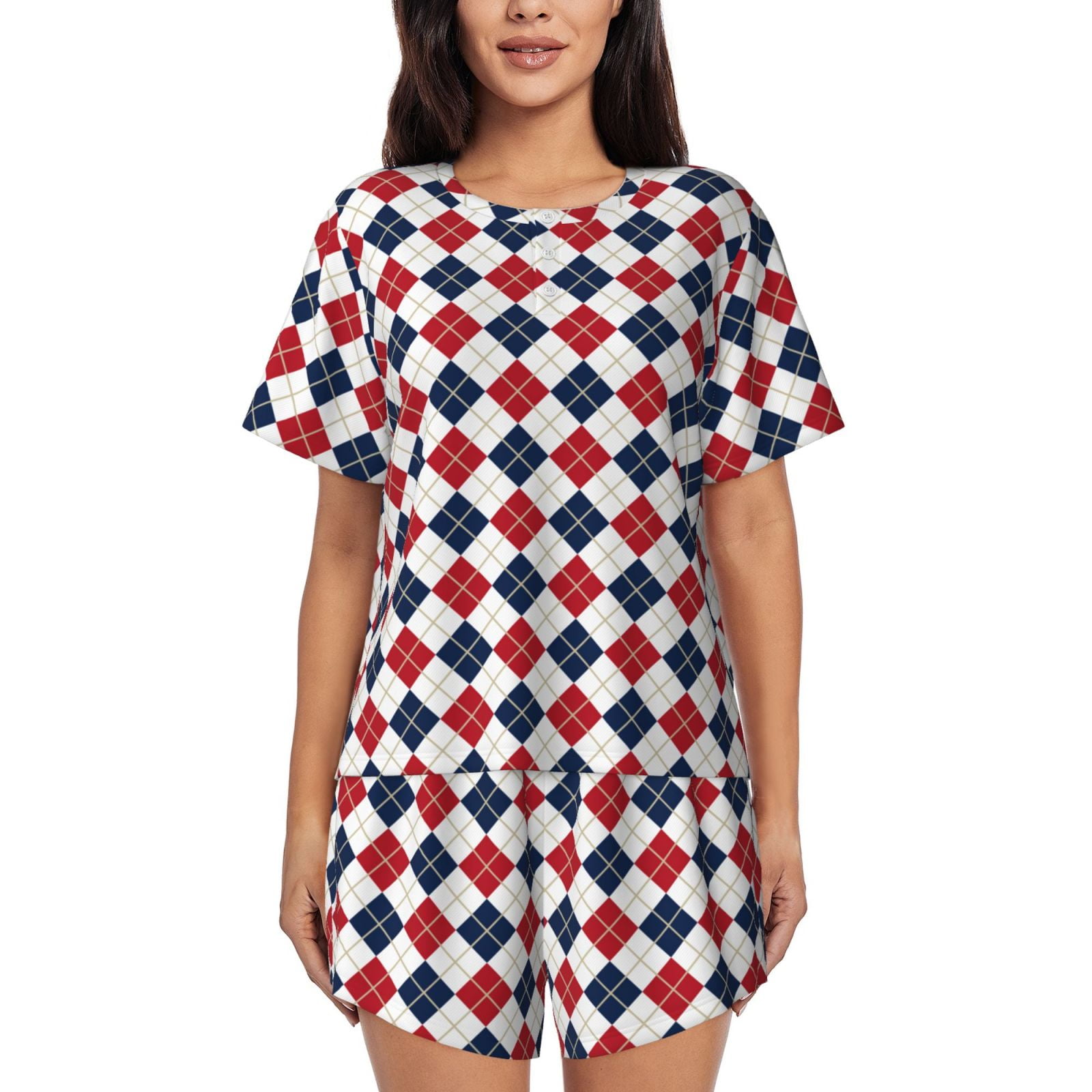 Cauagu Blue And Red Diamond for Women's Round Neck Pajama Set,Short ...