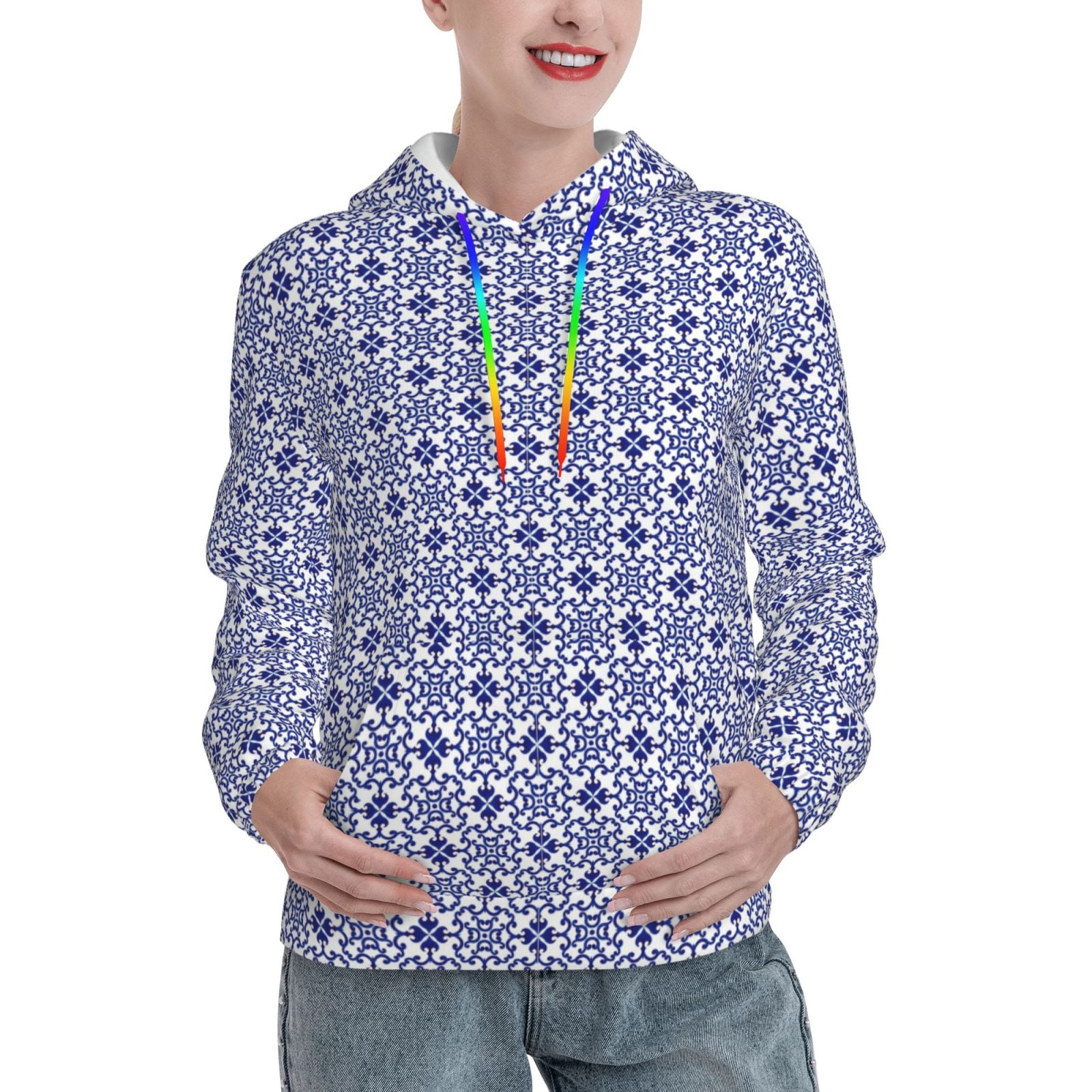 Cauagu Blue And White Porcelain Chinaware for Women's Hooded Sweatshirts Pullover Hoodie for ...