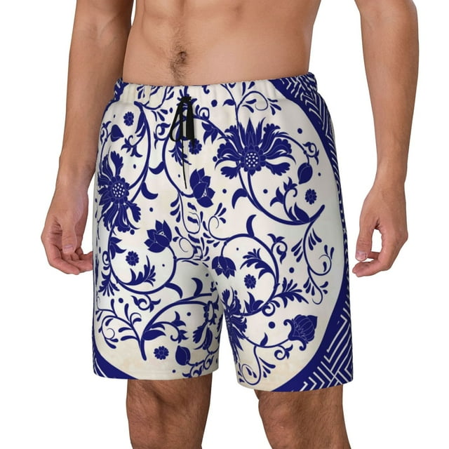 Cauagu Blue And White Porcelain Pattern Print Mens Swim Trunks Quick ...