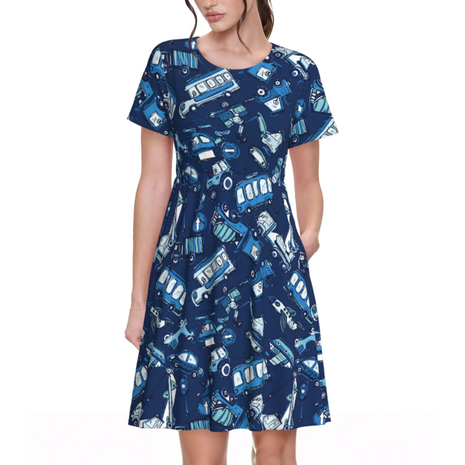 Cauagu Blue Bus Print Summer Dresses for Women 2025 Loose Short Sleeve ...