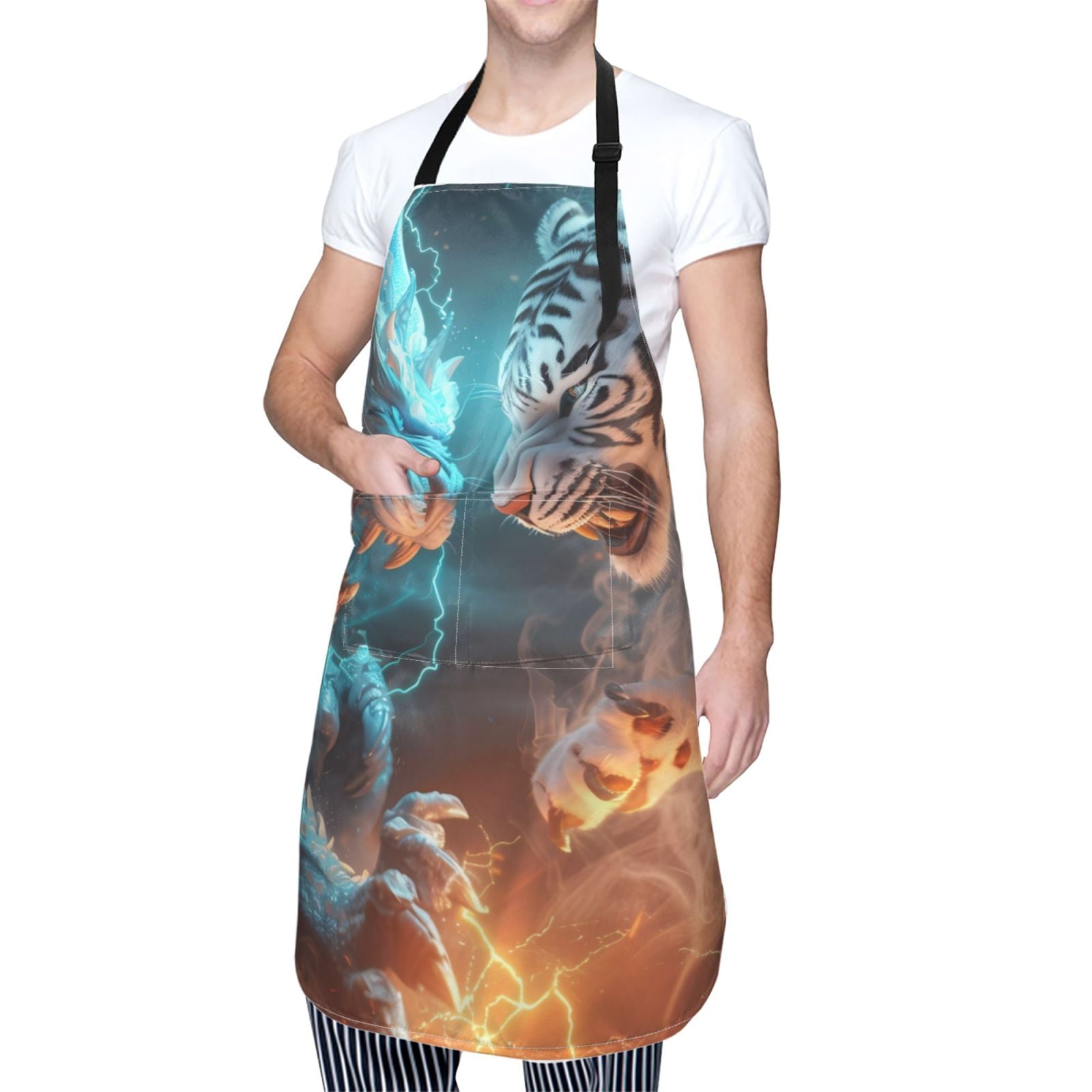 Cauagu Blue Dragon And White Tiger Aprons with Pockets,Waterproof Apron ...