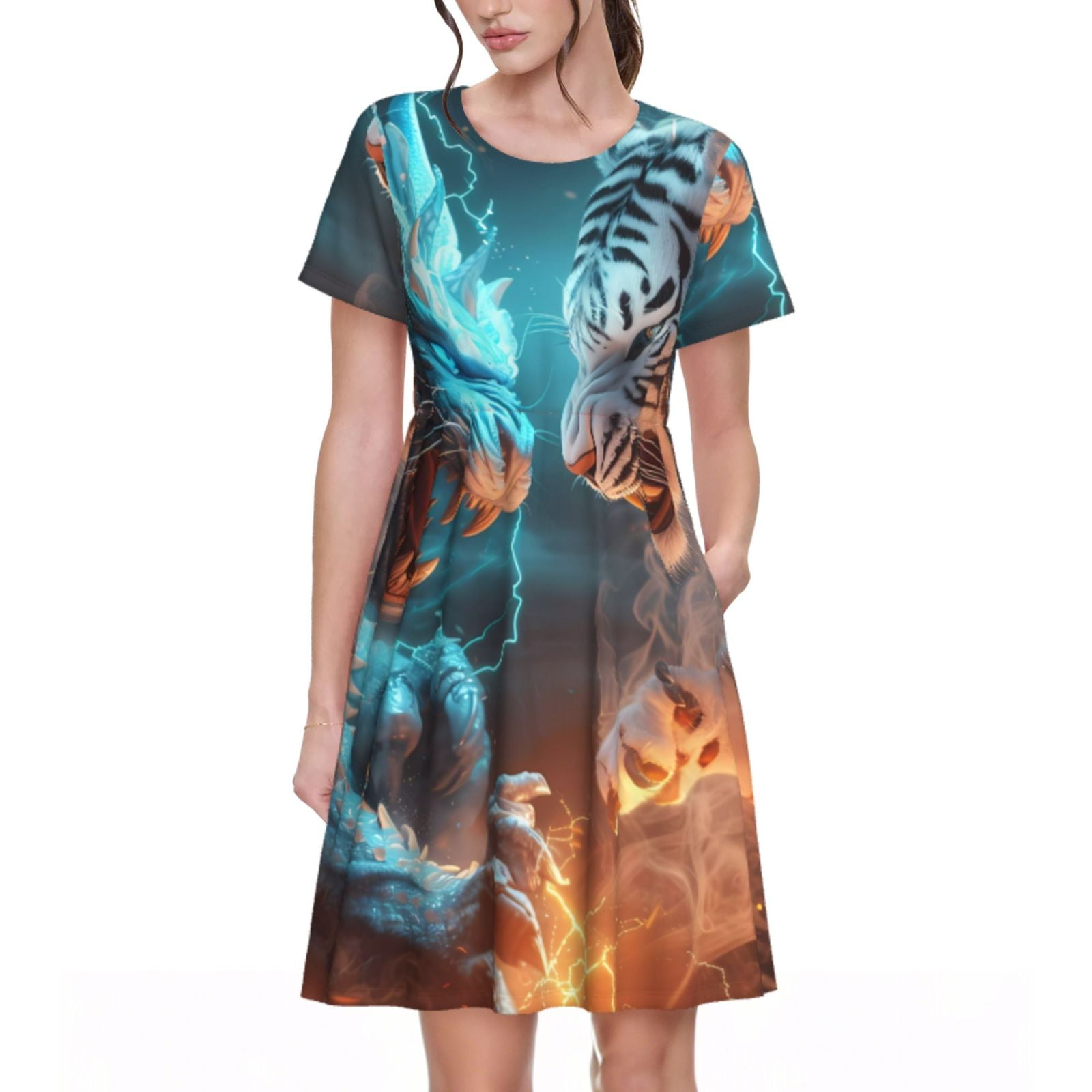 Cauagu Blue Dragon And White Tiger Print Summer Dresses for Women 2025 ...