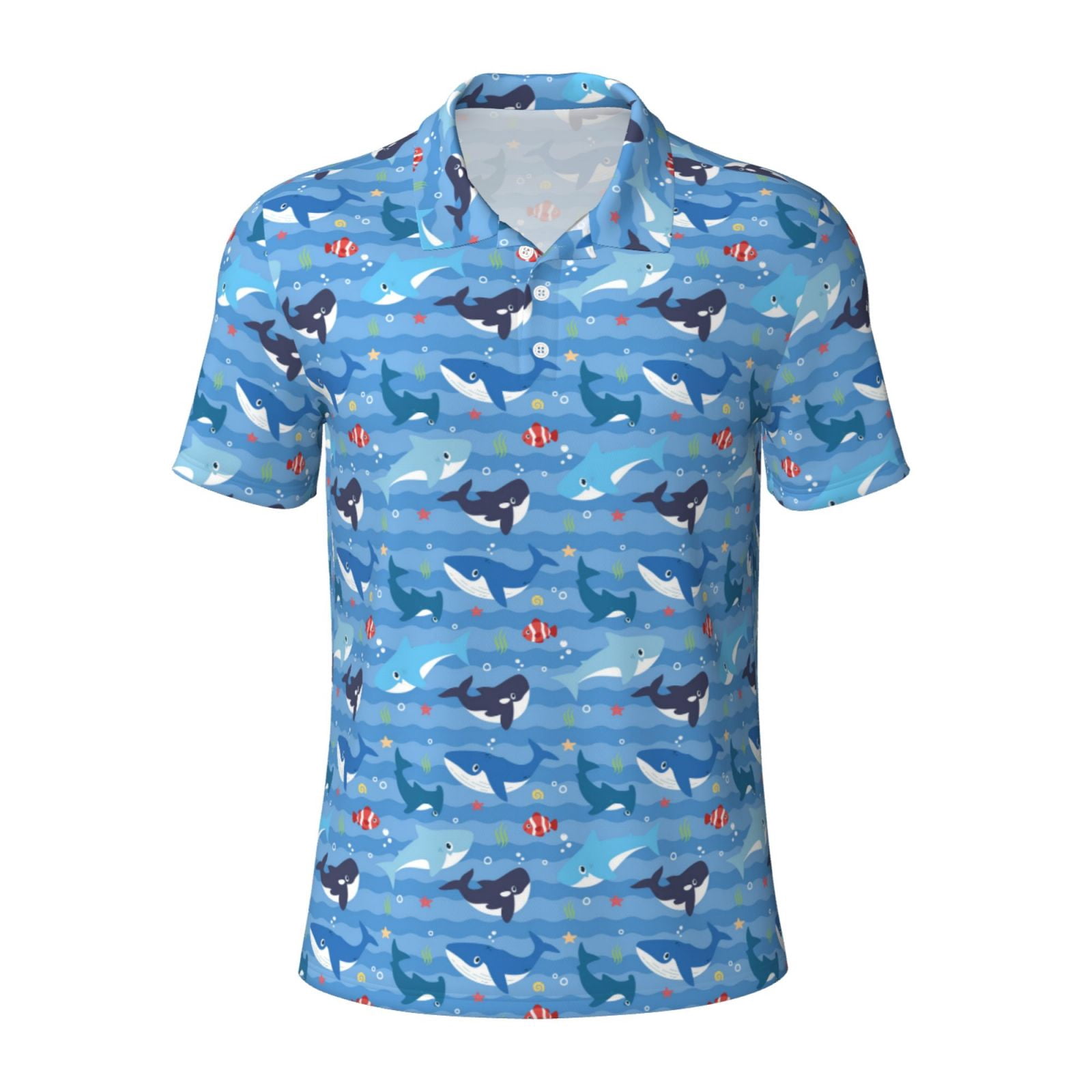 Cauagu Blue Fish Print Men's Polo Shirts, Short-Sleeve Polo Shirts for ...