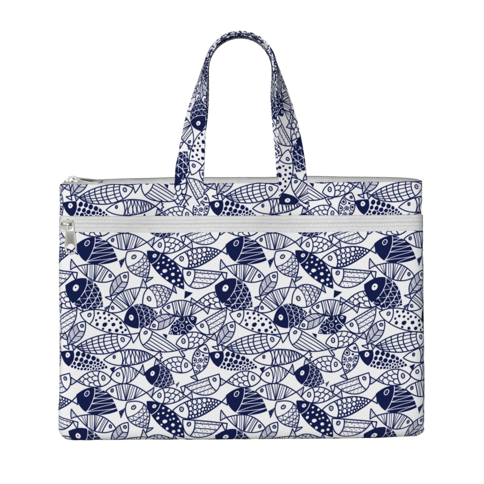 Cauagu Blue Fish1 Pattern Canvas Tote File Bag, Zipper Tote Bag Business Briefcase Document Bag ...