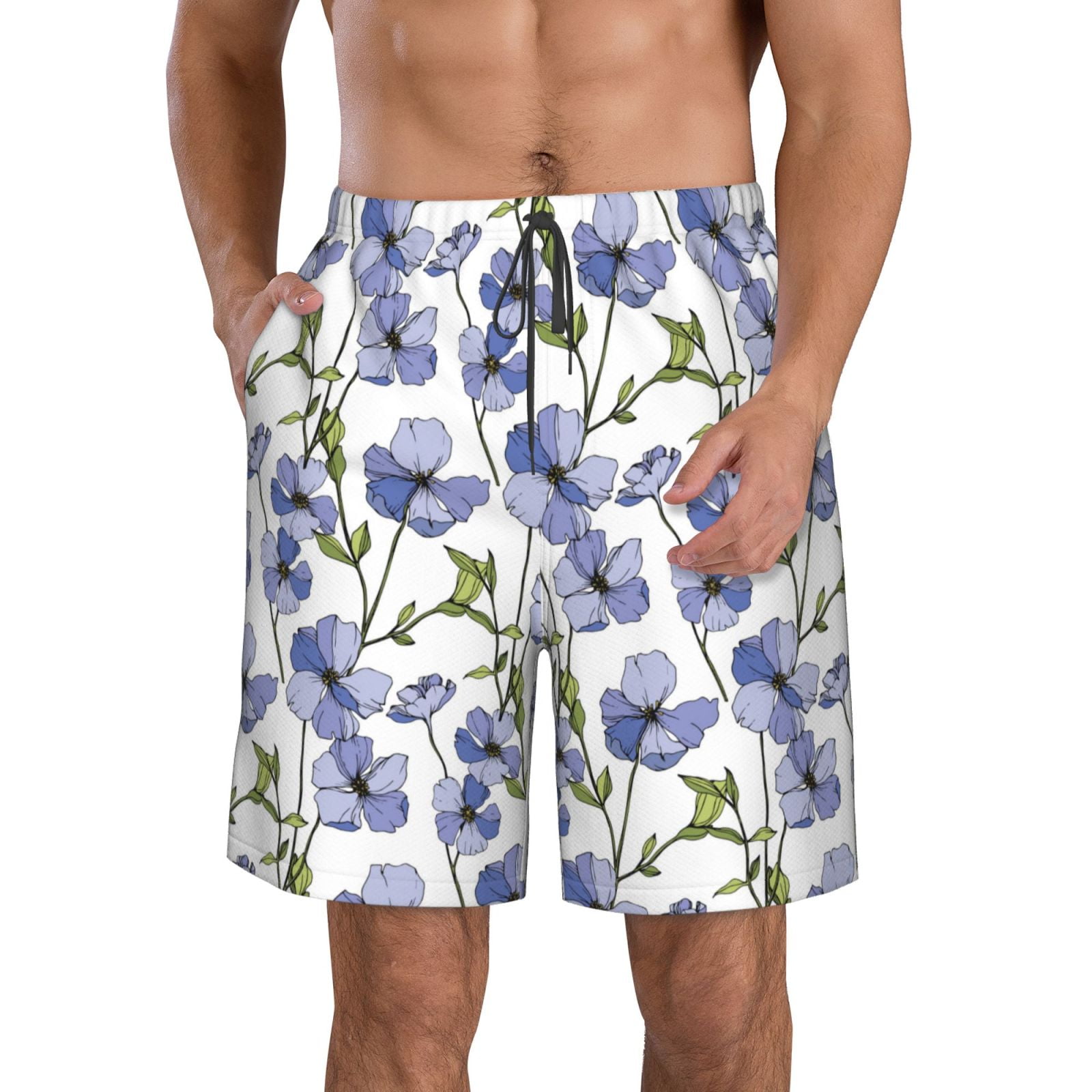 Cauagu Blue Flax Flowers Print Men's Swim Trunks,Hawaiian Bathing Suit ...