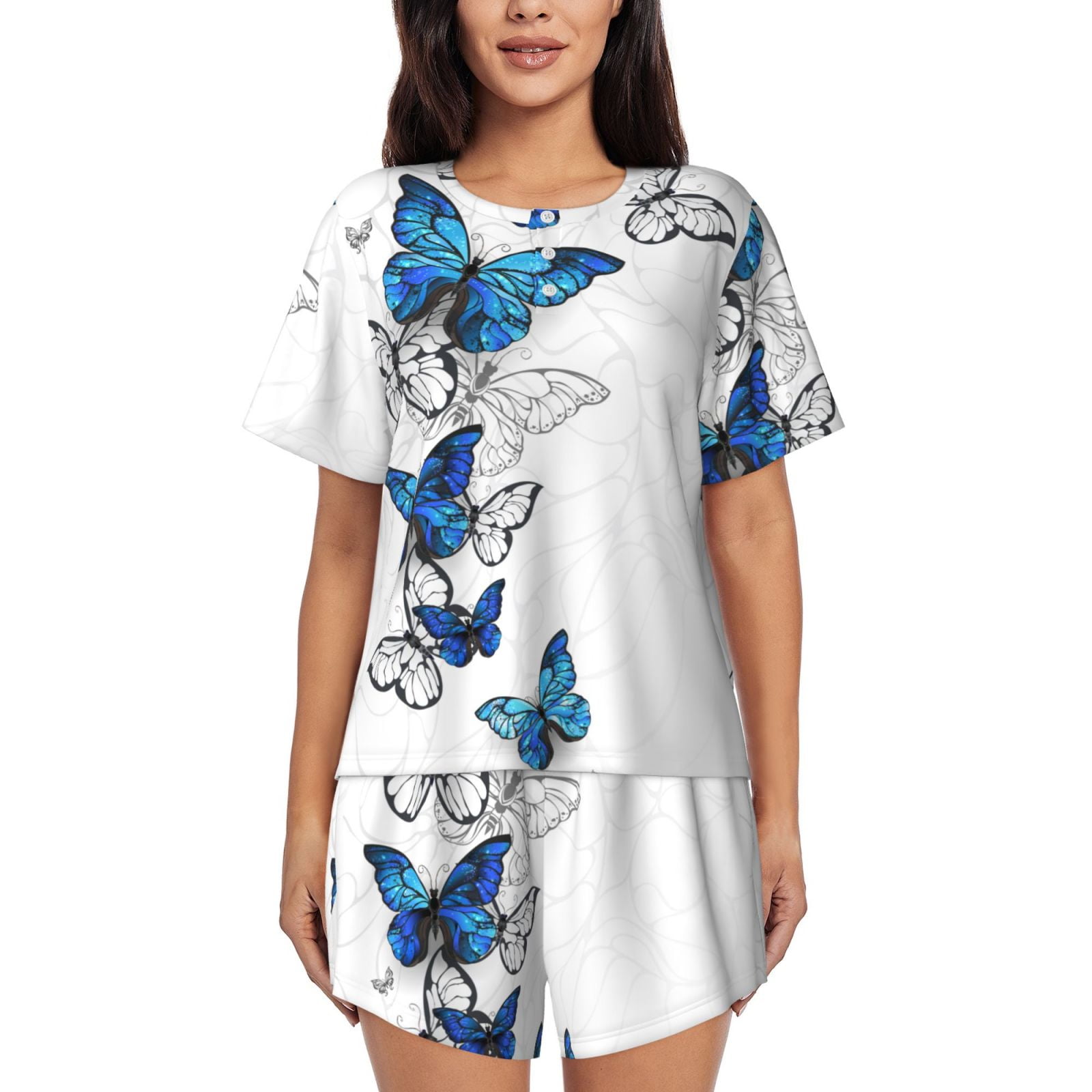 Cauagu Blue Flying Butterflies for Women's Round Neck Pajama Set,Short ...
