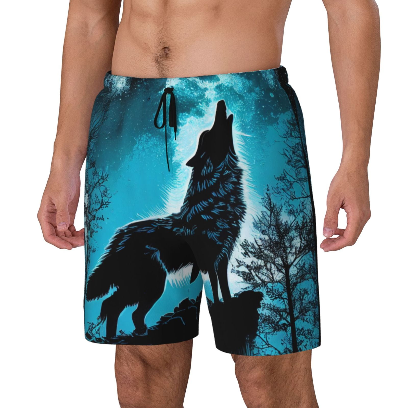 Cauagu Blue Full Moon Wolf Print Mens Swim Trunks Quick Dry Board ...