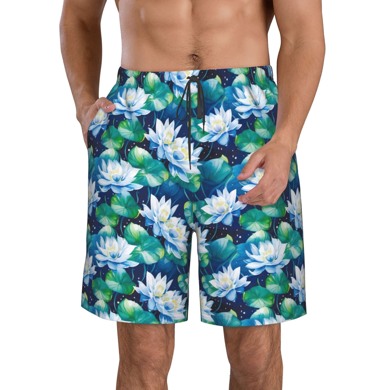Cauagu Blue Lotus Flower Print Men's Swim Trunks,Hawaiian Bathing Suit ...