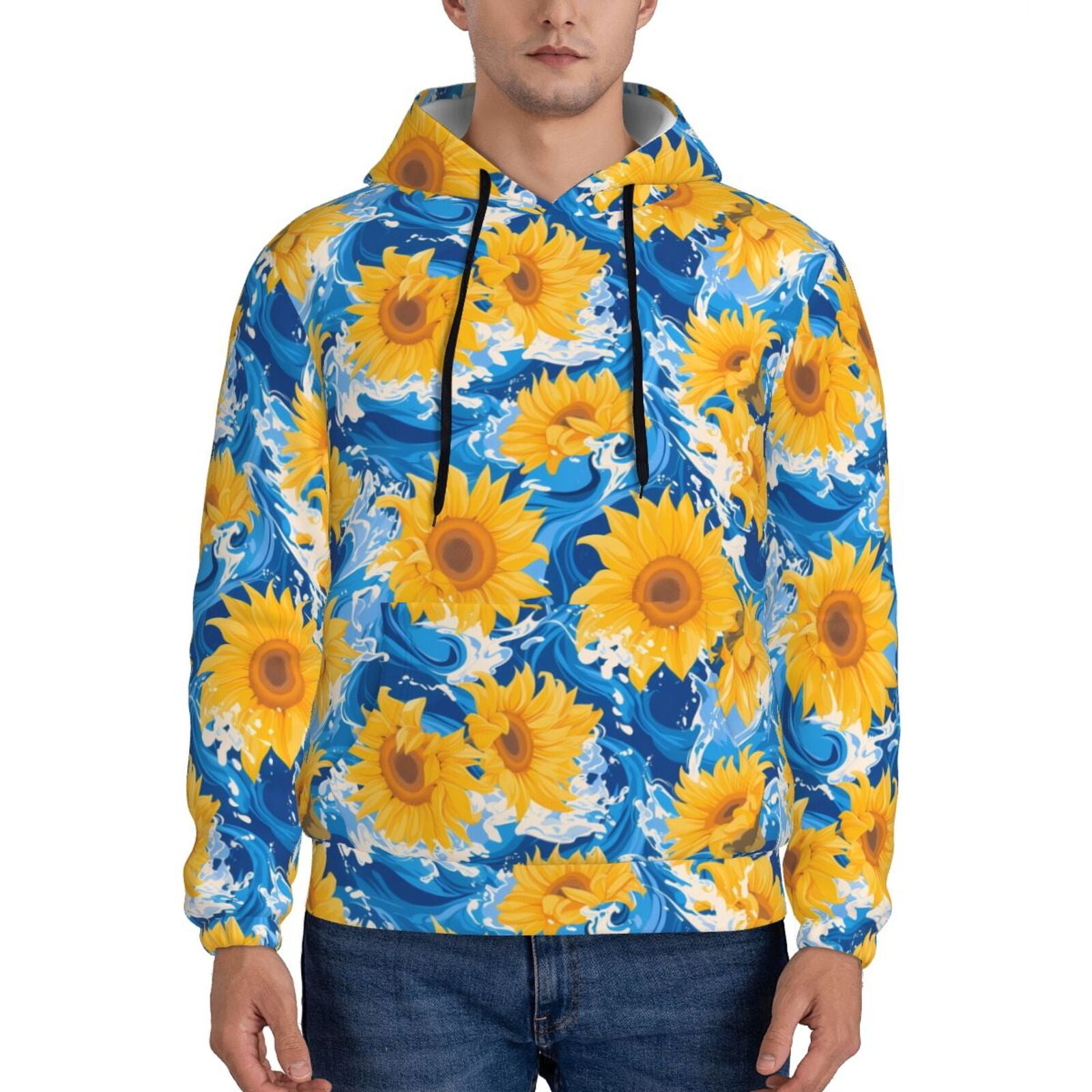 Cauagu Blue Ocean Wave Sunflower for Men's Pullover Hooded Sweatshirt ...