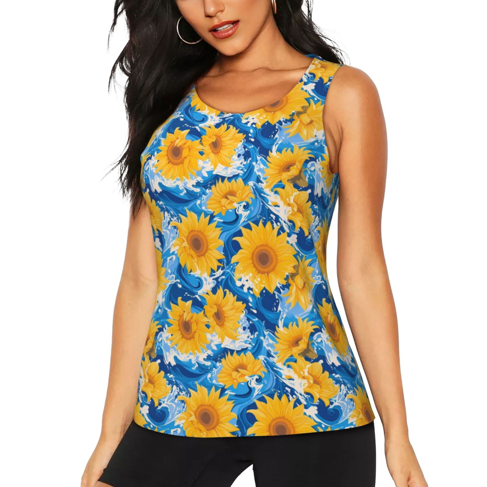 Cauagu Blue Ocean Wave Sunflower for Women's Workout Tank Tops ...