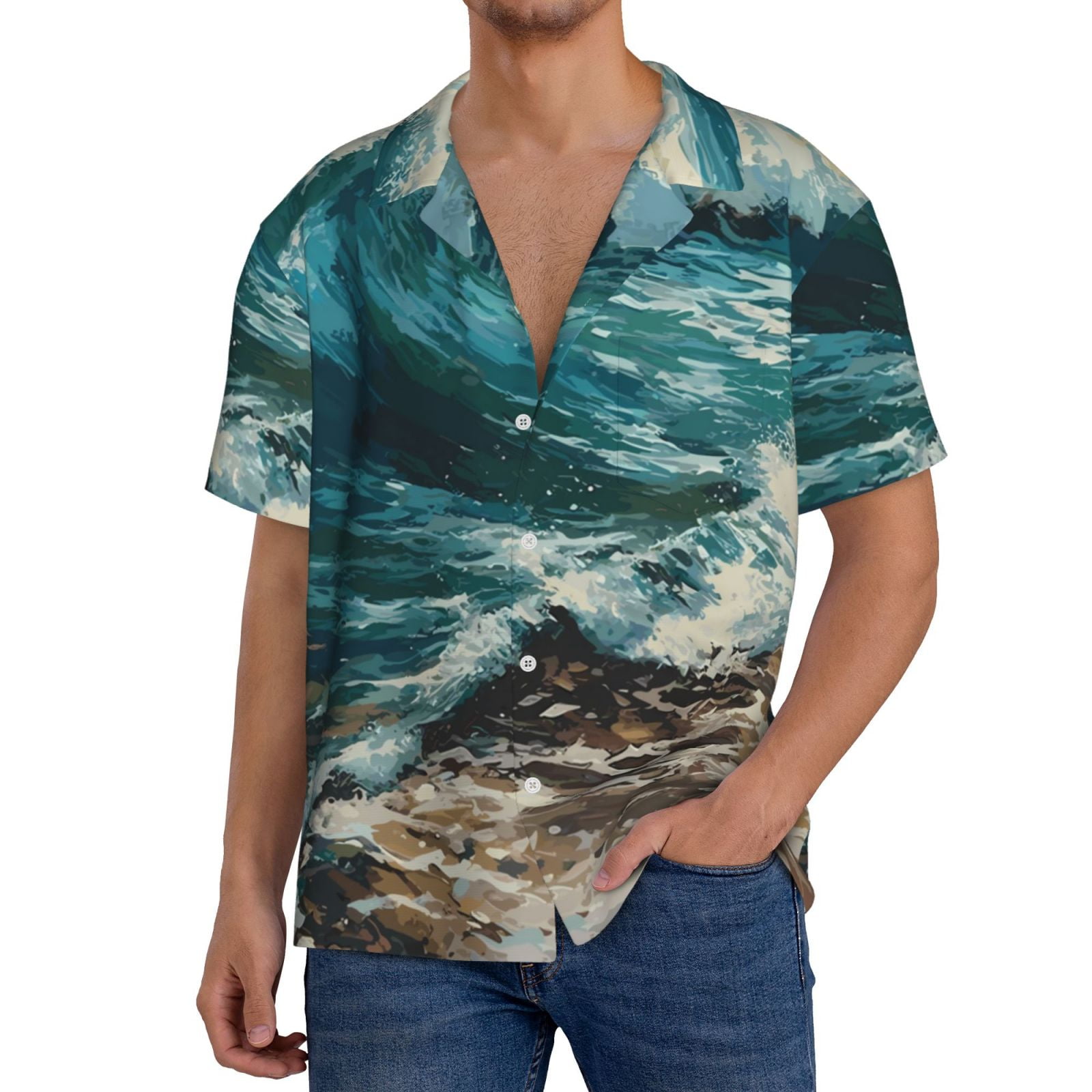 Cauagu Blue Ocean Waves Men's Short Sleeve Button Down Hawaiian Shirt ...
