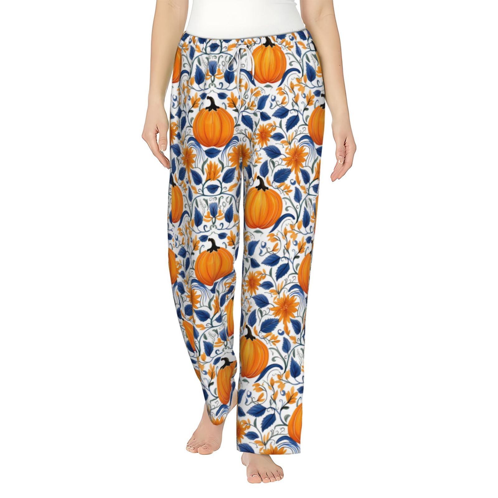 Cauagu Blue Orange Pumpkin fall Pajama Pants for Women Loose Fit Wide ...