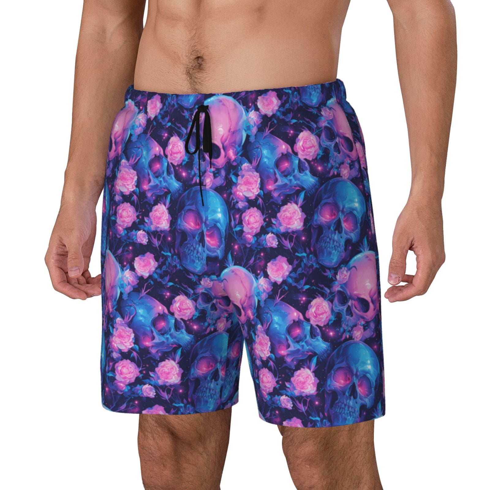 Cauagu Blue Skull Rose Print Mens Swim Trunks Quick Dry Board Shorts ...