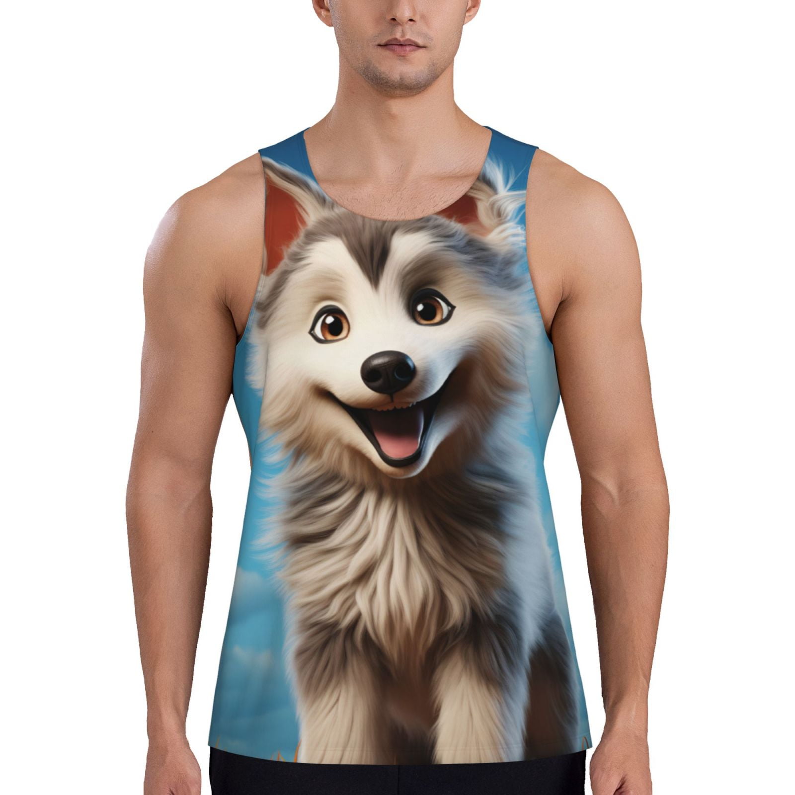 Cauagu Blue Sky Cute Wolf Print Men's Sleeveless Muscle Shirts,Tank ...