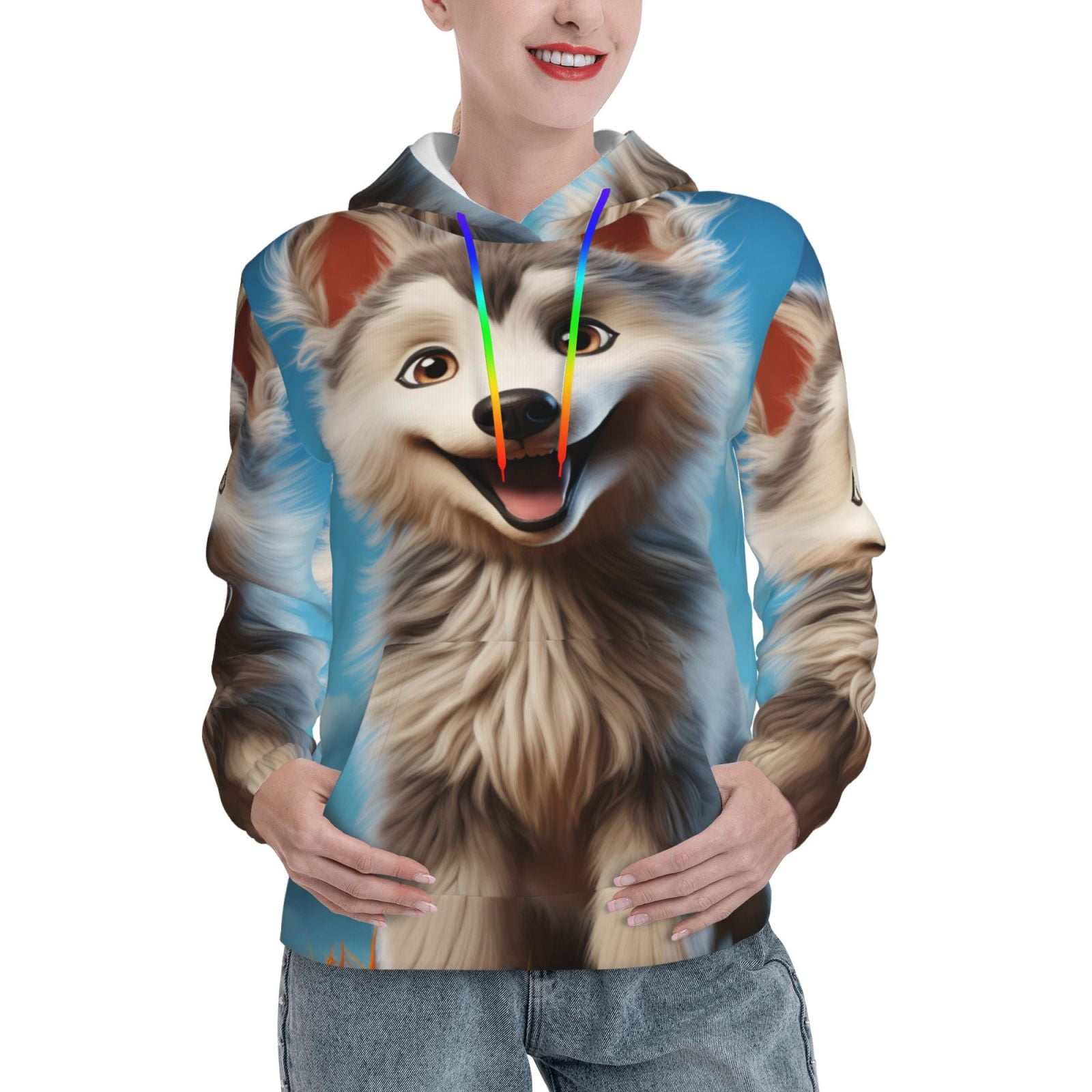 Cauagu Blue Sky Cute Wolf for Women's Hooded Sweatshirts Pullover Hoodie for Women Fall Workout ...