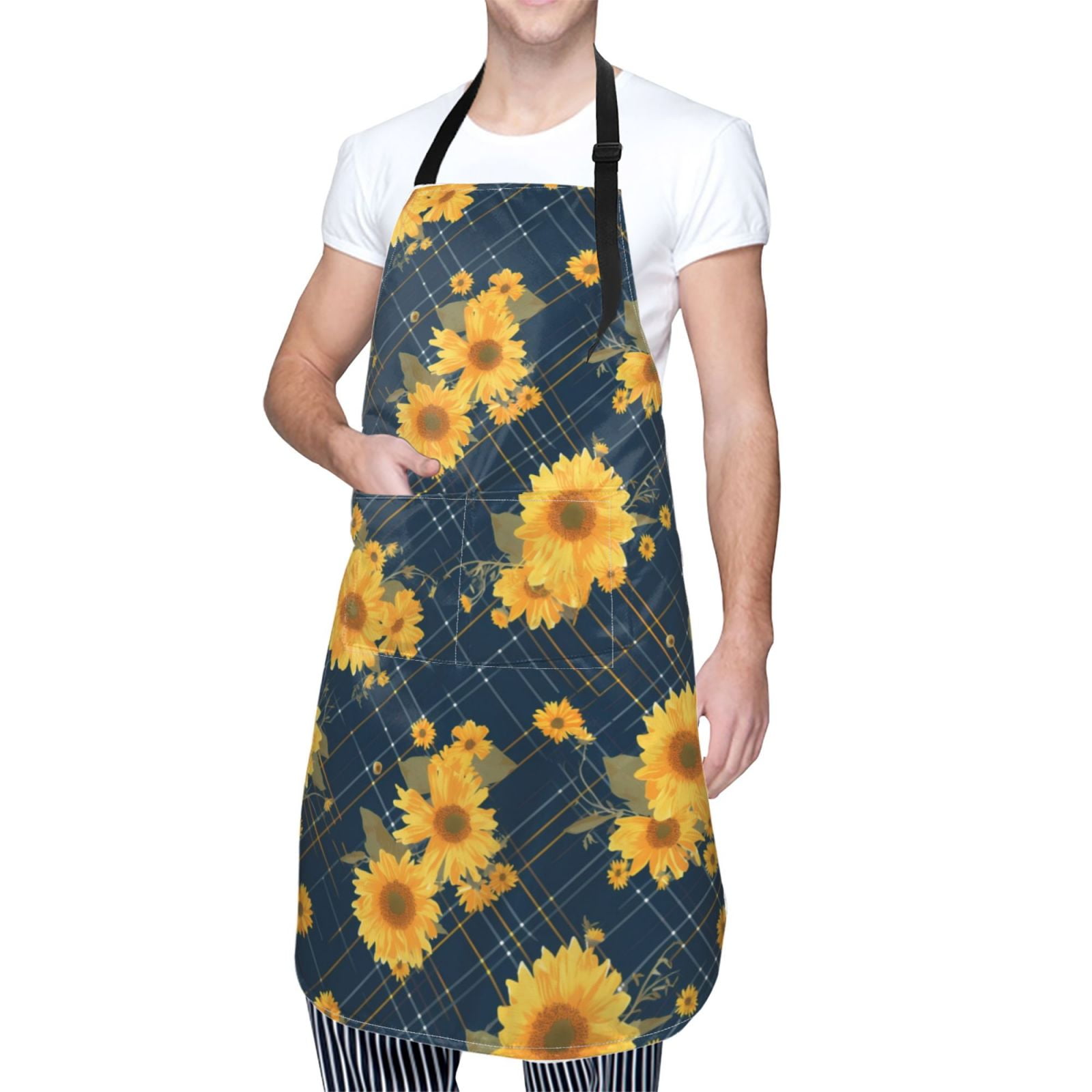 Cauagu Blue Striped Sunflower A Aprons with Pockets,Waterproof Apron ...