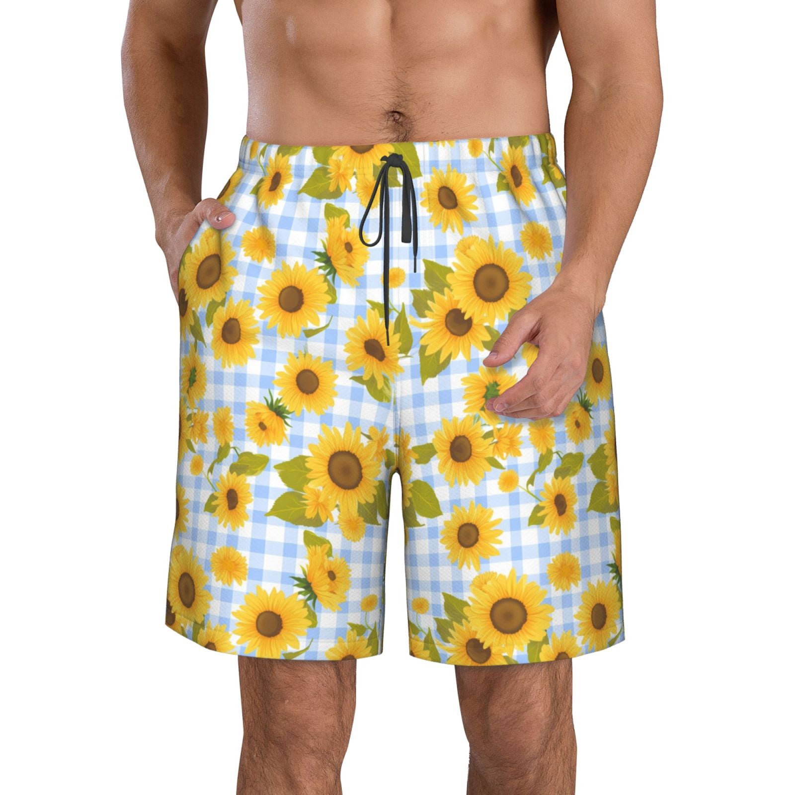 Cauagu Blue White Plaid Sunflower Print Men's Swim Trunks,Hawaiian ...