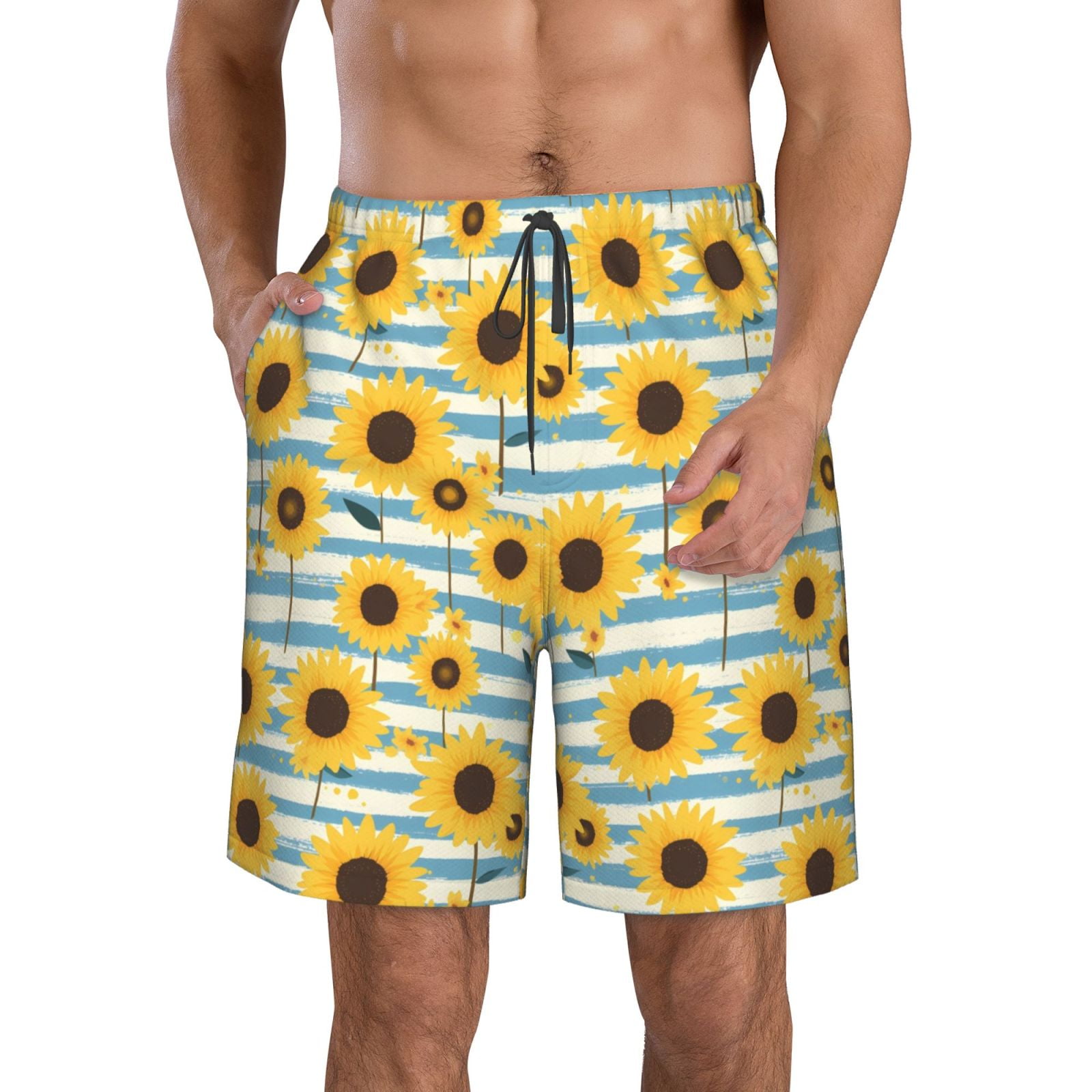 Cauagu Blue White Striped Sunflower A Print Men's Swim Trunks,Hawaiian ...