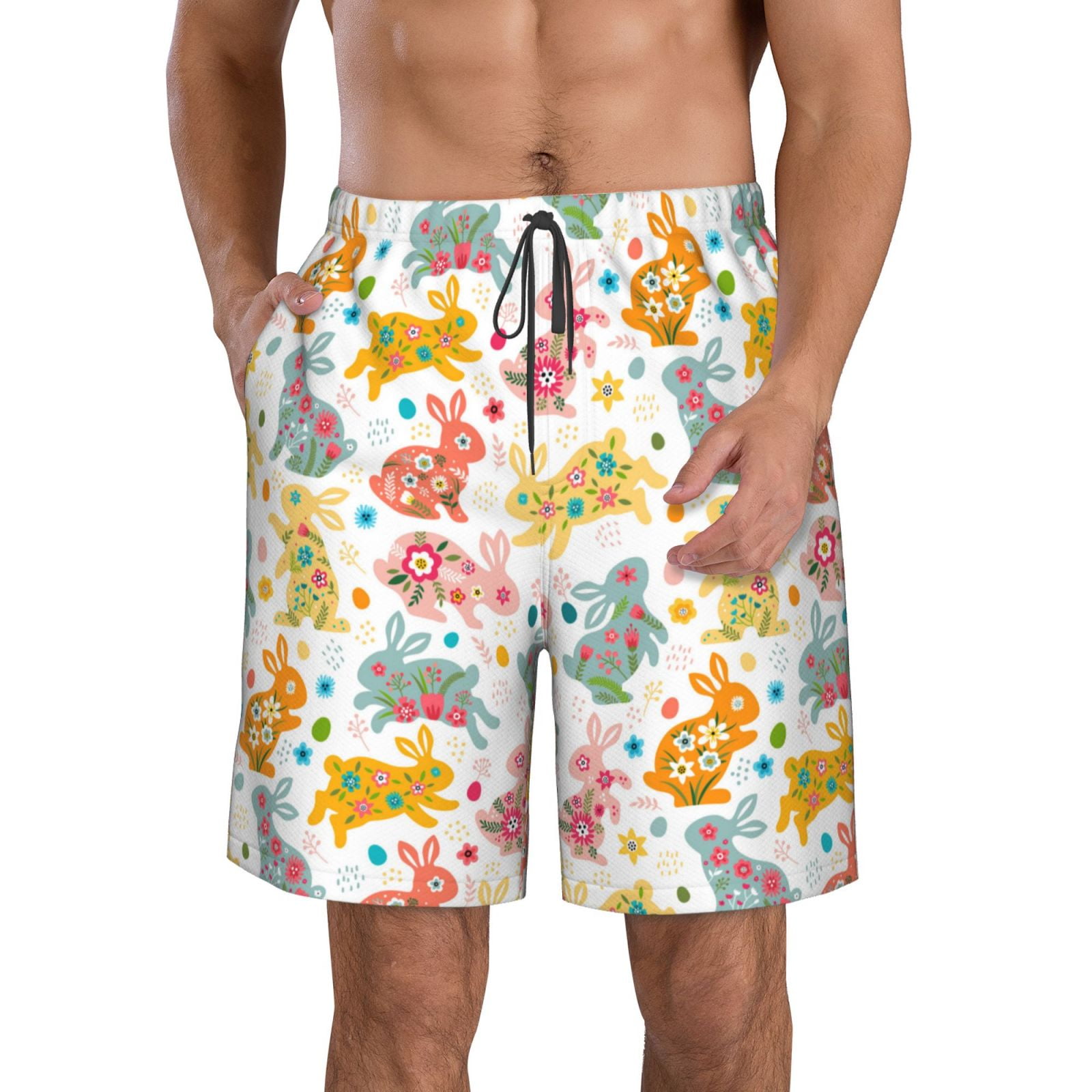Cauagu Boho Bunny Print Men's Swim Trunks,Hawaiian Bathing Suit ...