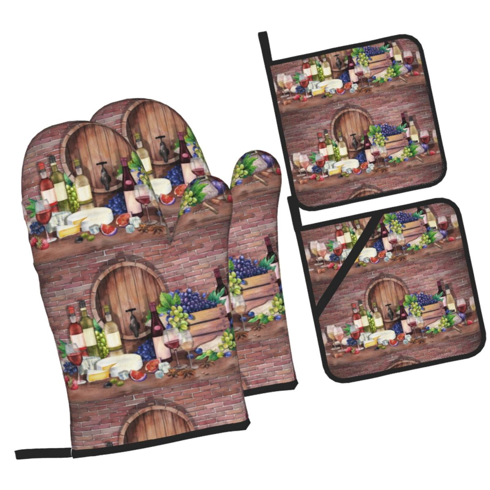 Cauagu Bottle Glass Red Wine Print Oven Mitts and Pot Holders 4 pcs Set ...
