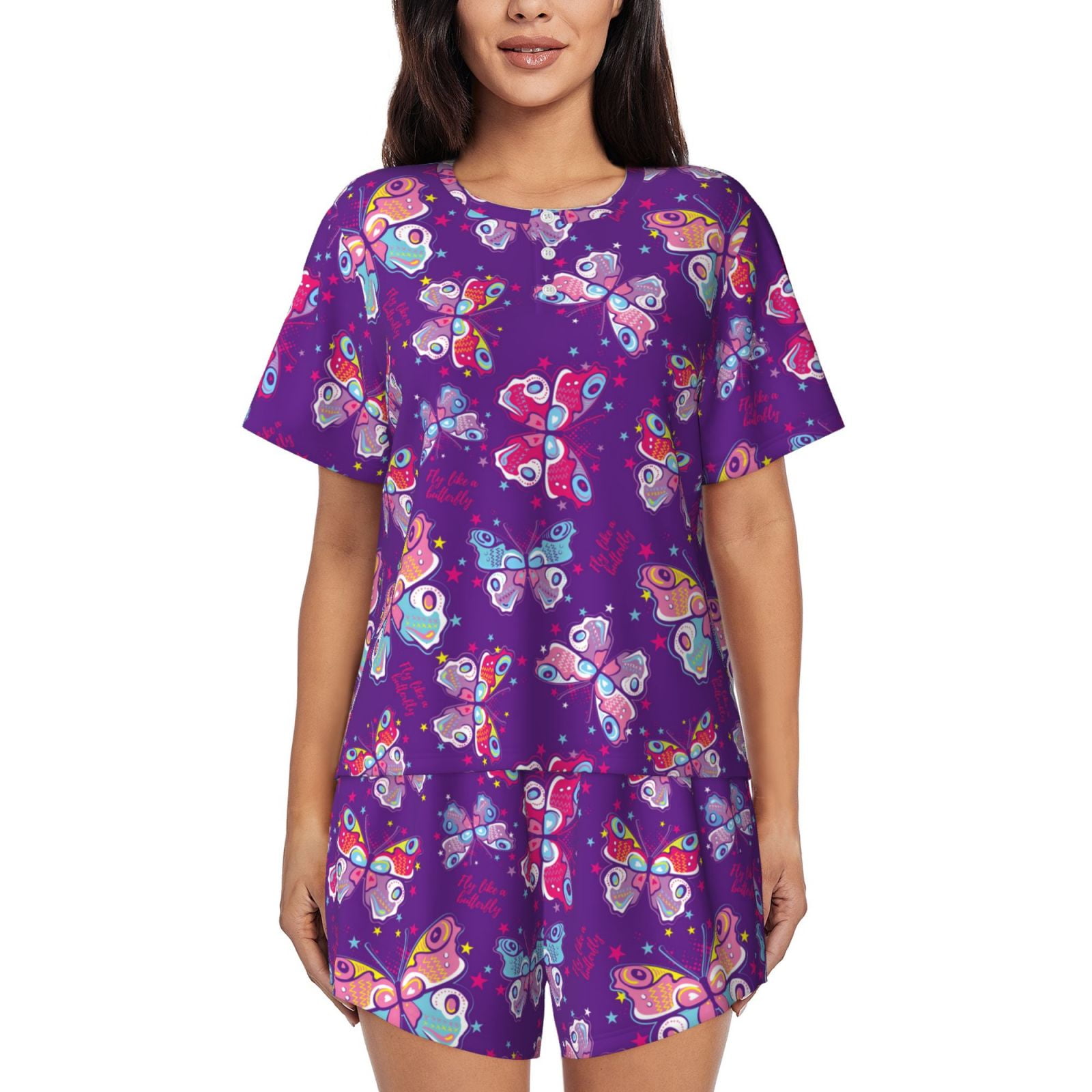 Cauagu Bright Butterflies for Women's Round Neck Pajama Set,Short ...