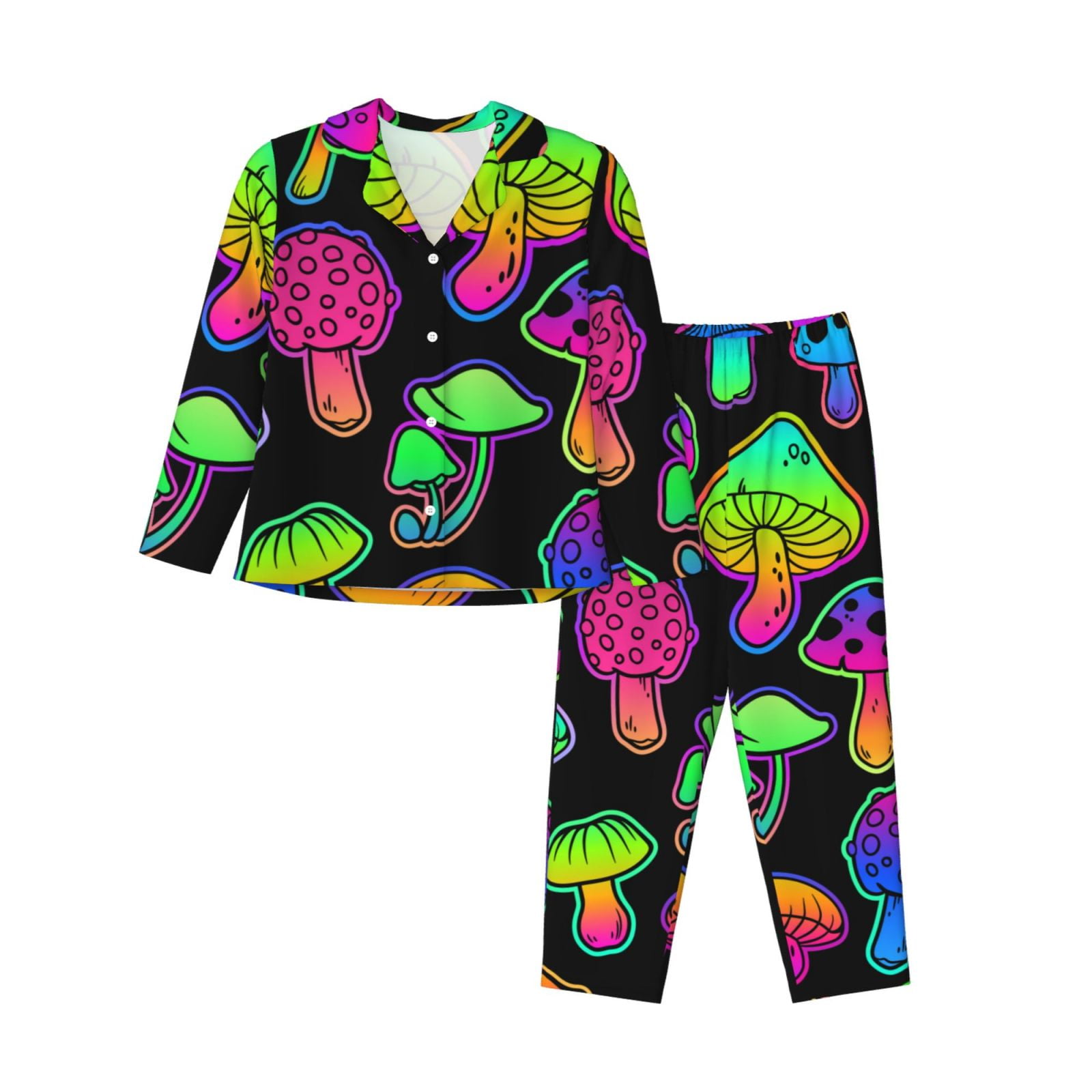 Cauagu Bright Mushrooms Print Women's Long-Sleeve Pajamas Set Soft Pj ...