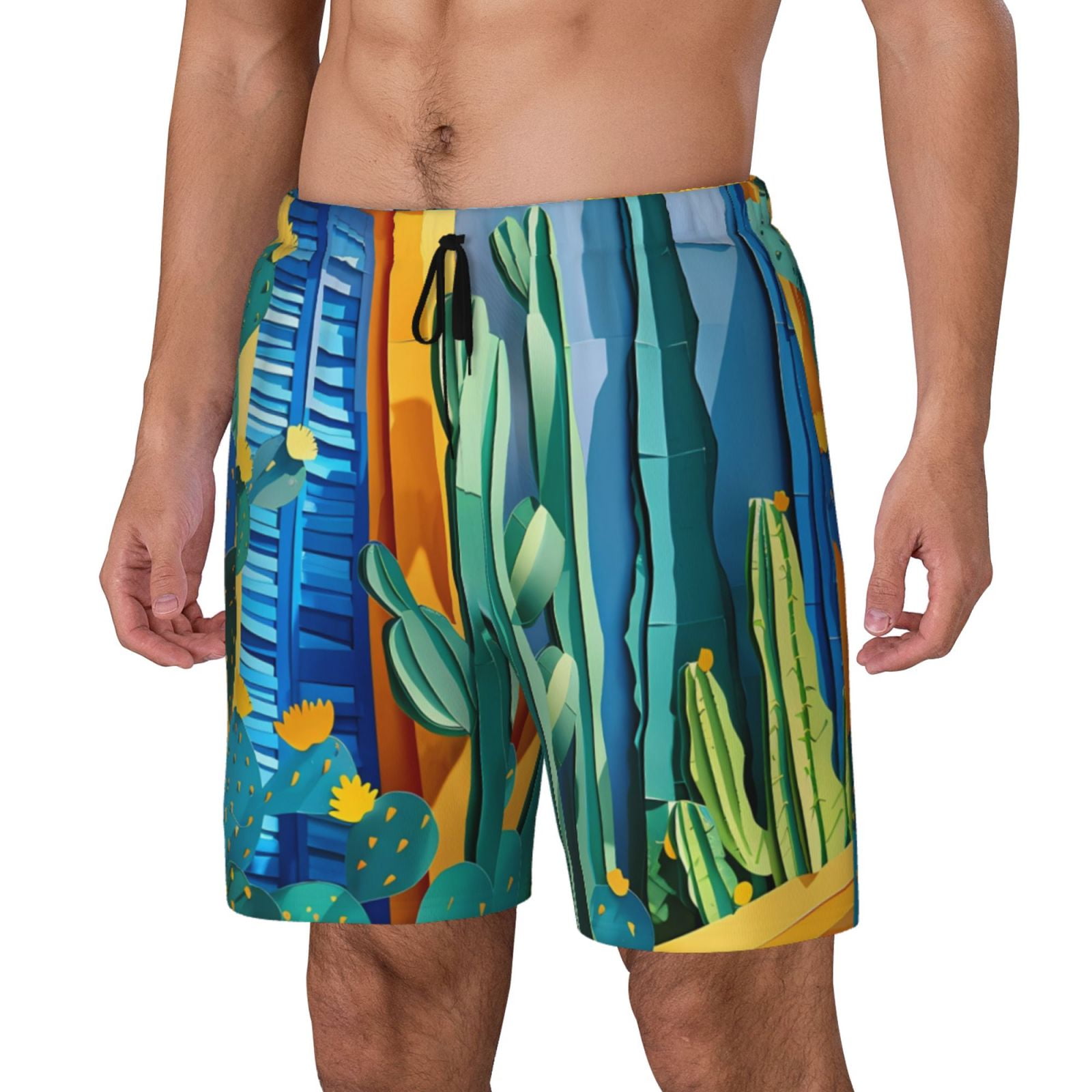 Cauagu Bright Paper Cactus Scene Print Mens Swim Trunks Quick Dry Board ...