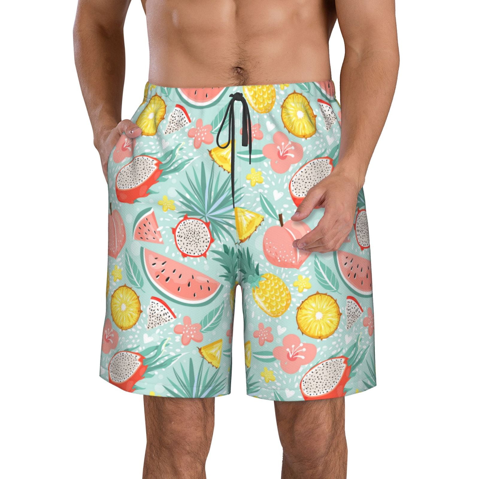Cauagu Bright Peach Print Men's Swim Trunks,Hawaiian Bathing Suit ...