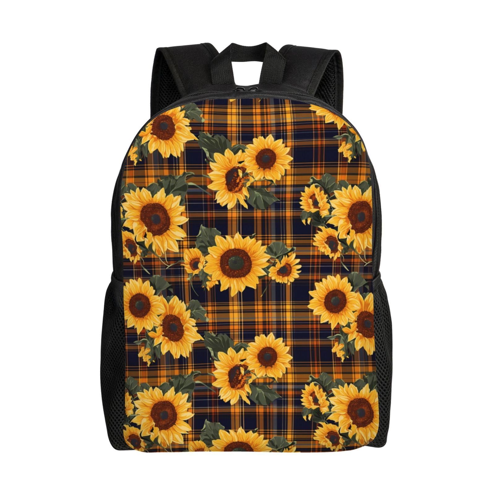 Cauagu Brown Blue Plaid Sunflower Print Backpacks,Travel Daypack Casual ...