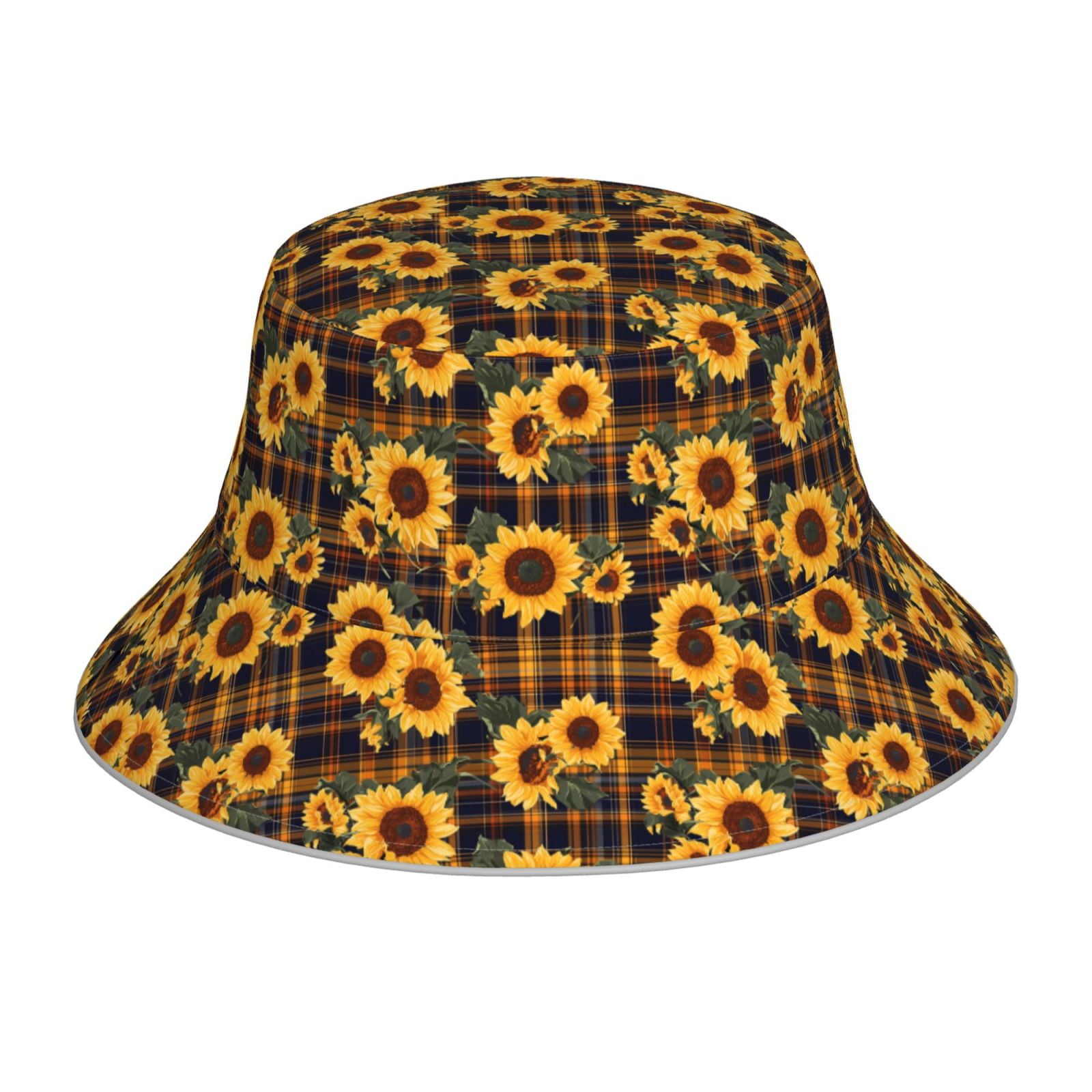 Cauagu Brown Blue Plaid Sunflower for Unisex Bucket Hat,Outdoor Summer Beach Fishing Sun Hat Hot ...