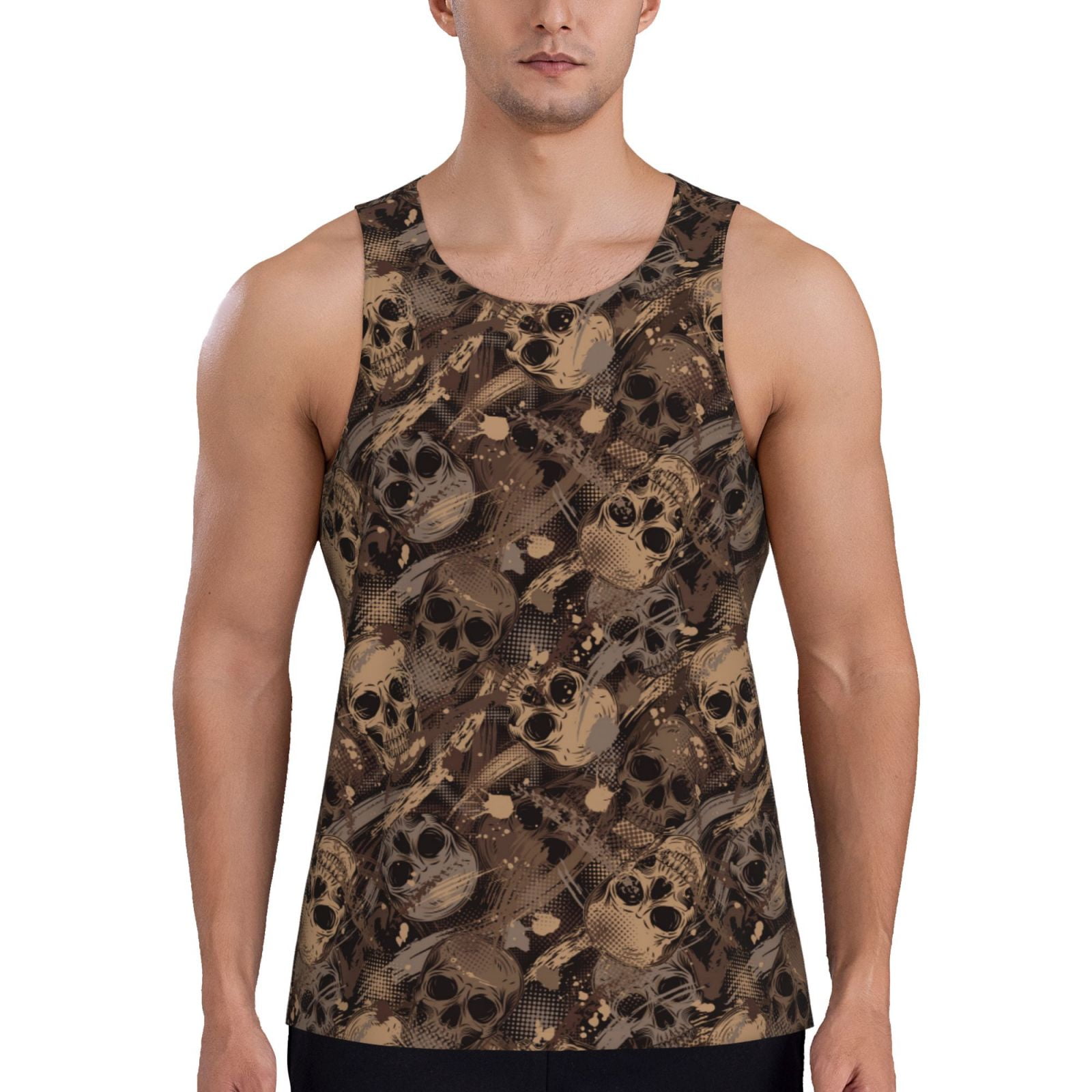 Cauagu Brown Camouflage Skull Print Men's Sleeveless Muscle Shirts,Tank ...