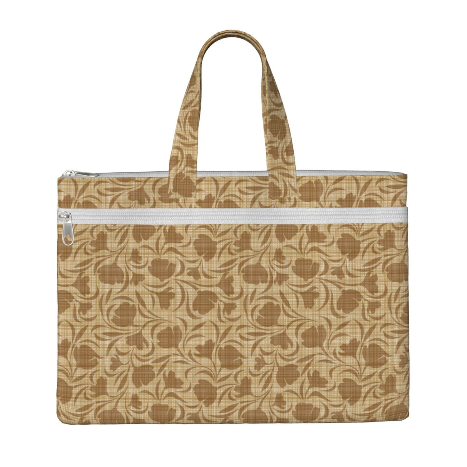 Cauagu Brown Flowers Pattern Canvas Tote File Bag, Zipper Tote Bag ...
