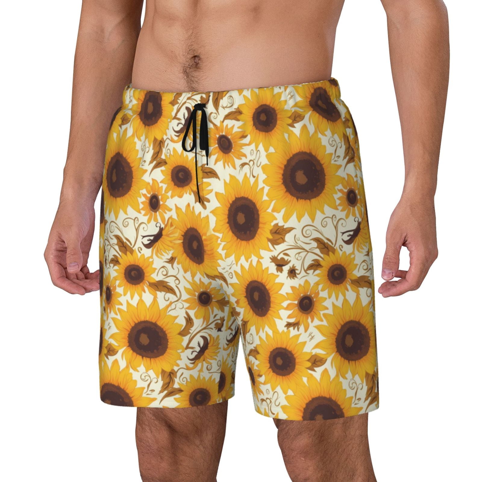 Cauagu Brown Leaf Pattern Sunflower Print Mens Swim Trunks Quick Dry ...