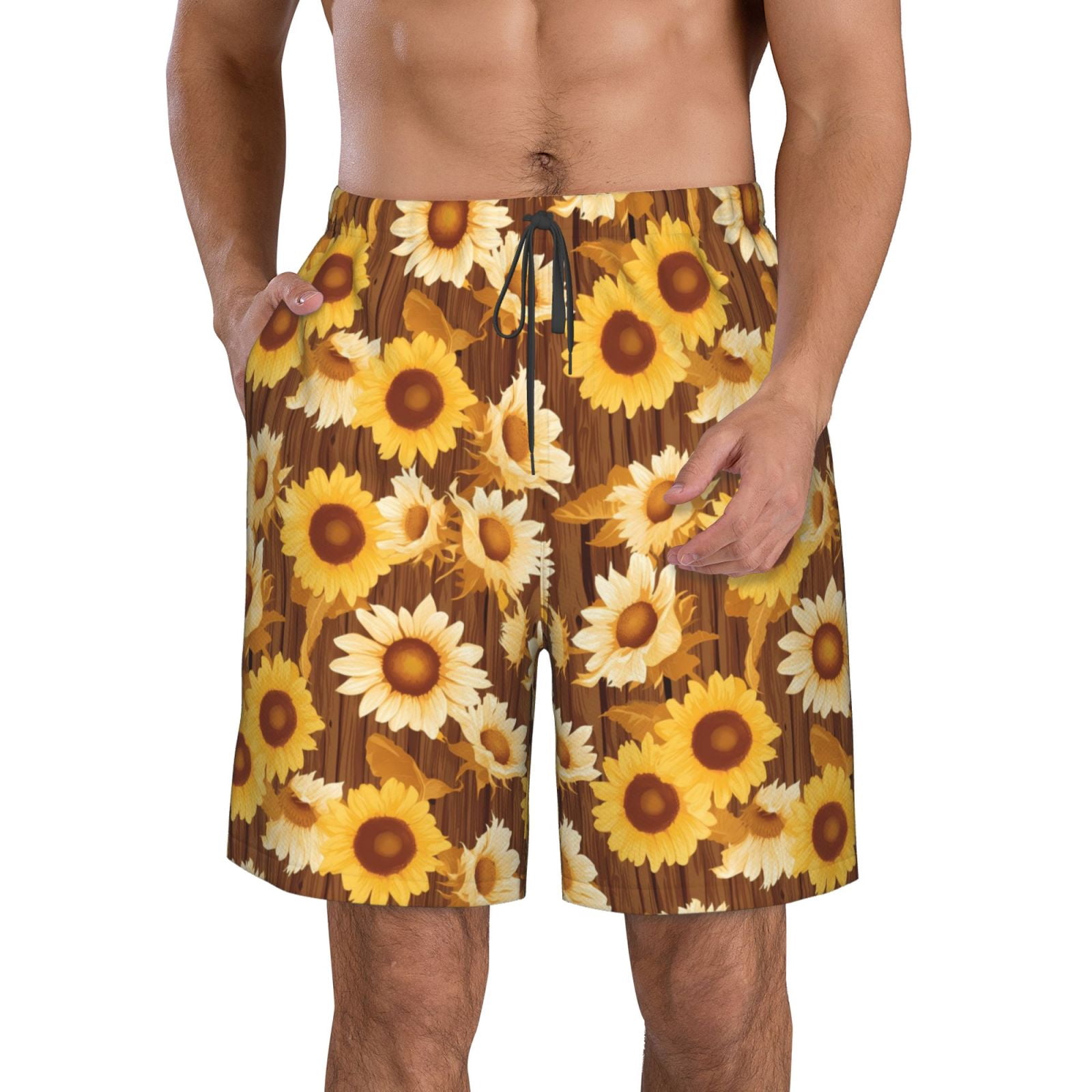 Cauagu Brown Wood Grain Sunflower B Print Men's Swim Trunks,Hawaiian ...