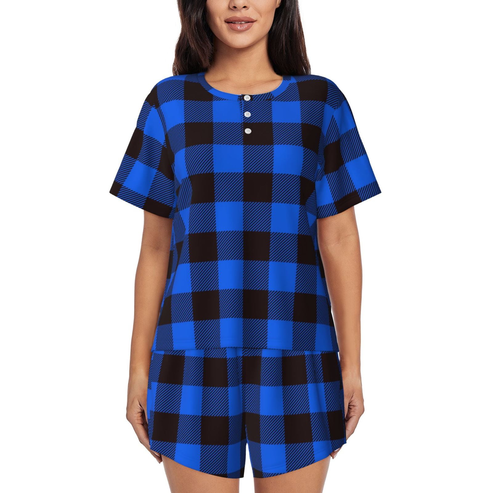 Cauagu Buffalo Plaid Blue Black for Women's Round Neck Pajama Set,Short ...