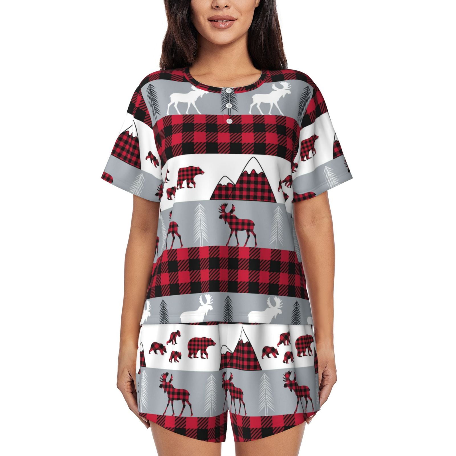 Cauagu Buffalo Plaid Forest for Women's Round Neck Pajama Set,Short ...