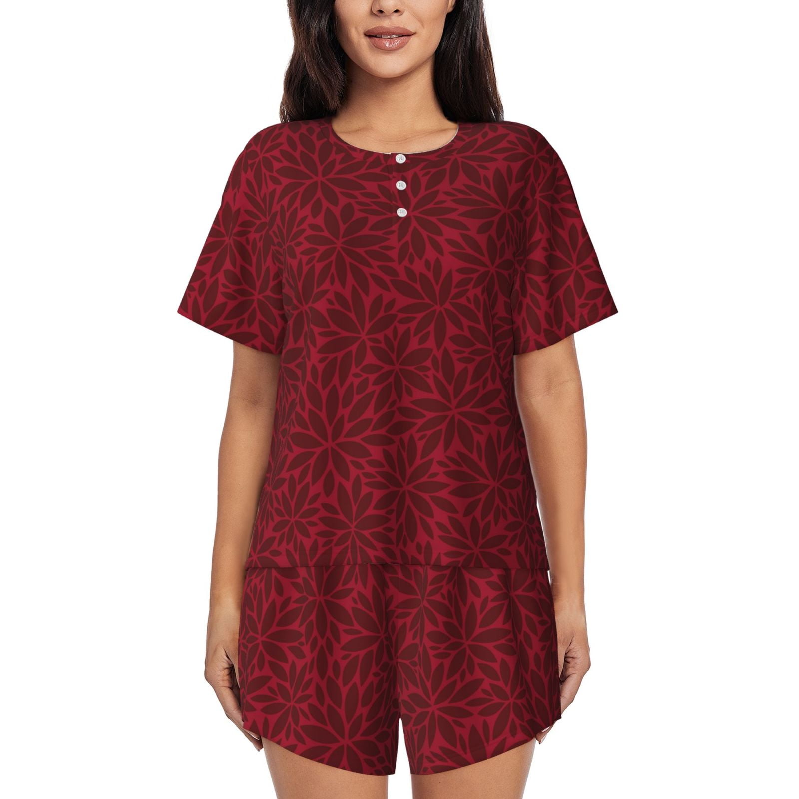 Cauagu Burgundy Floral for Women's Round Neck Pajama Set,Short-Sleeved ...