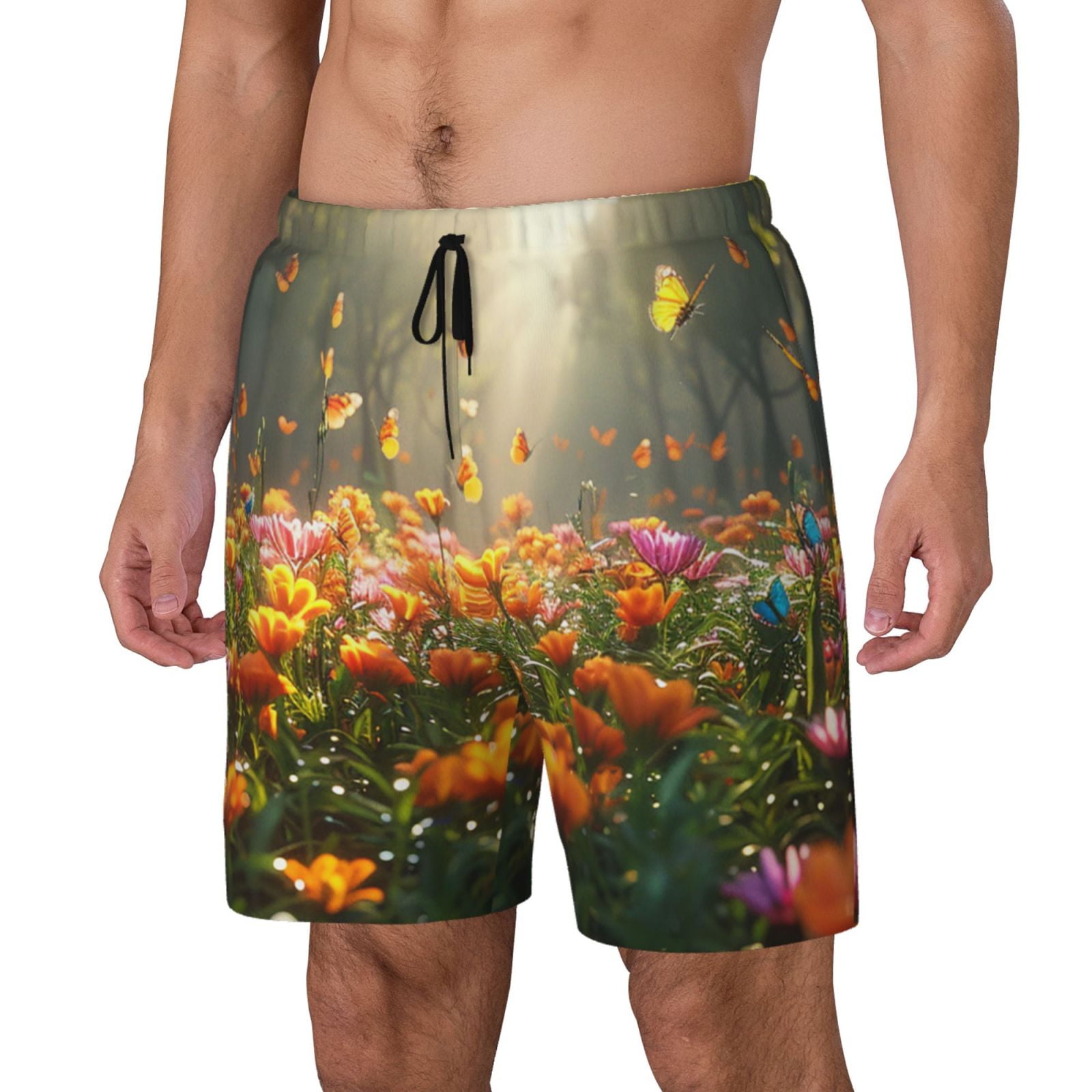 Cauagu Butterflies In Flower Field Print Mens Swim Trunks Quick Dry ...