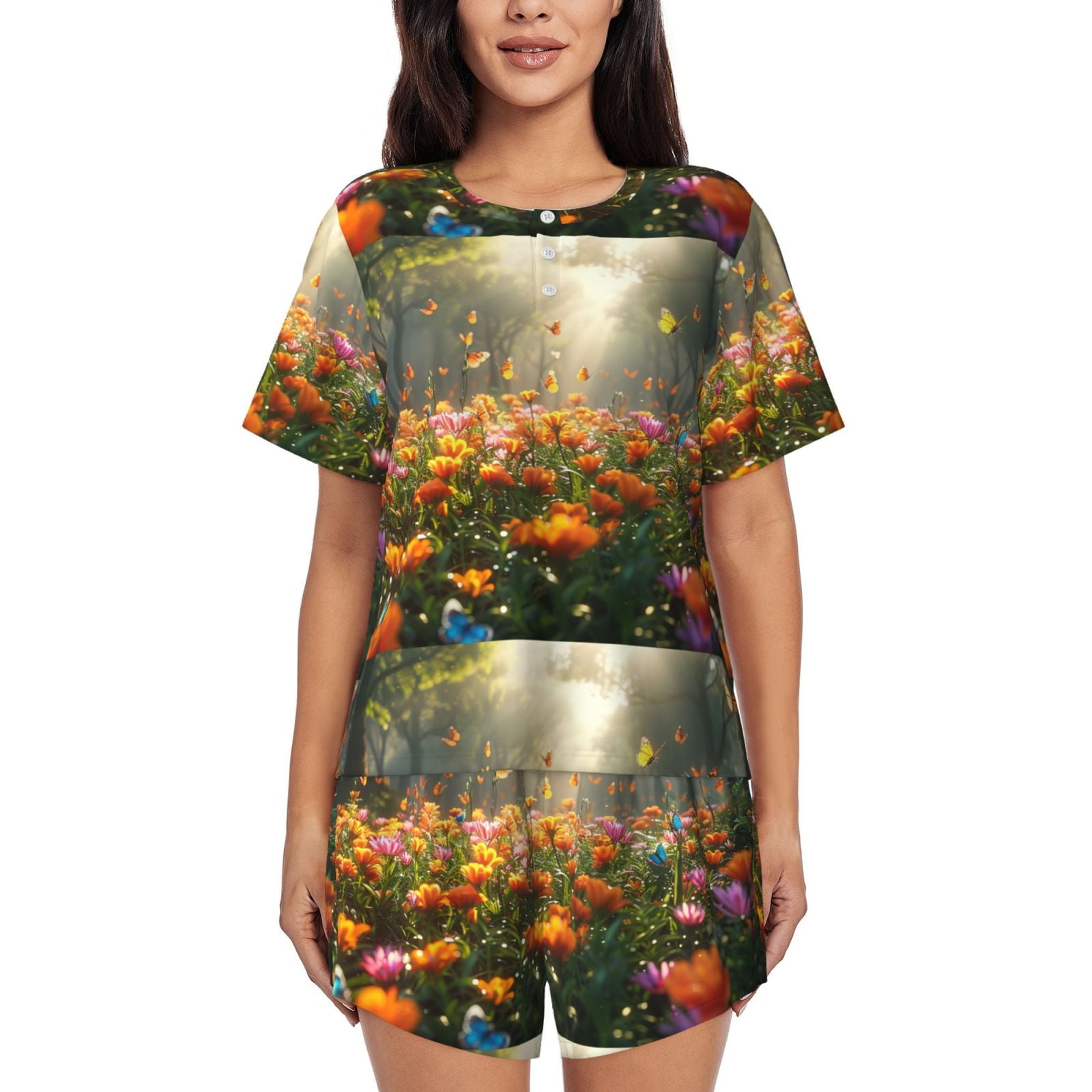Cauagu Butterflies In Flower Field for Women's Round Neck Pajama Set ...